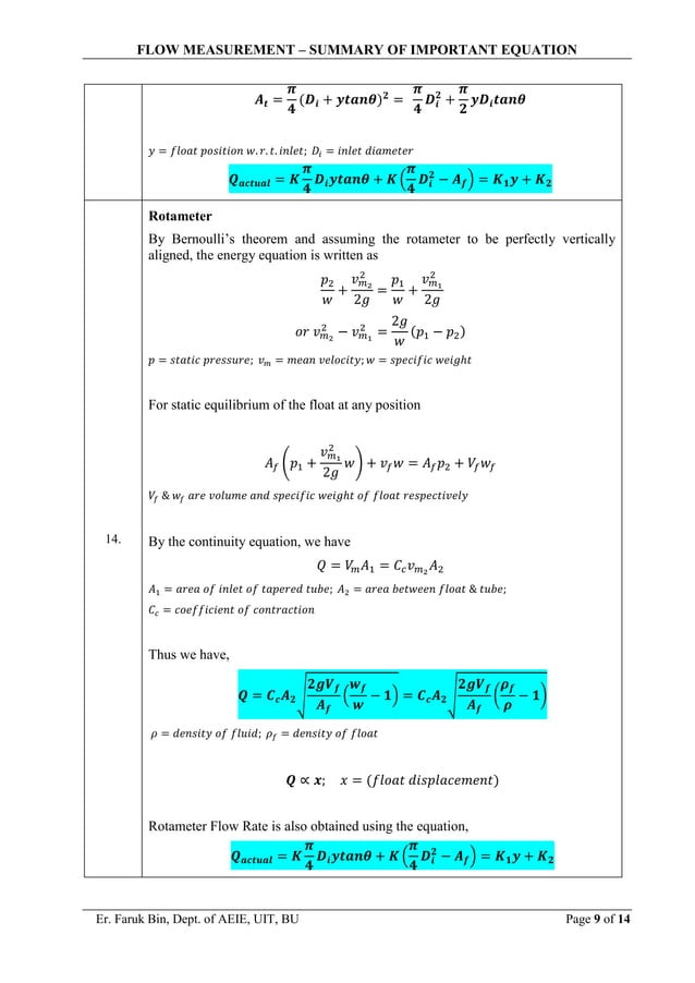 Industrial instrumentation flow measurement important equations | PDF