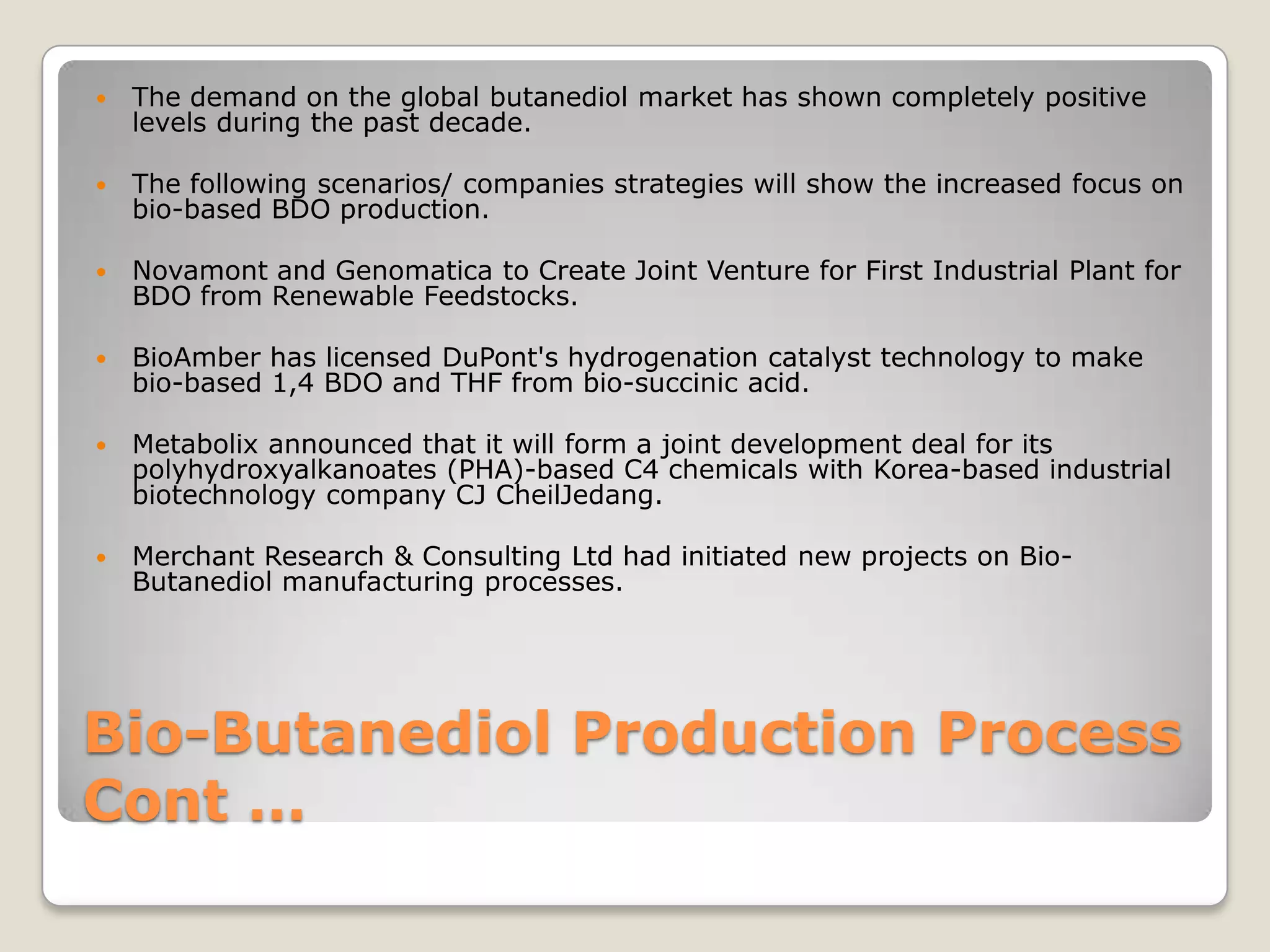 Industrial process of bio butanediol – from renewable sources | PPTX