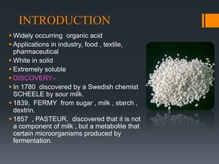 Industrial production of lactic acid & monosodium glutamate | PPTX