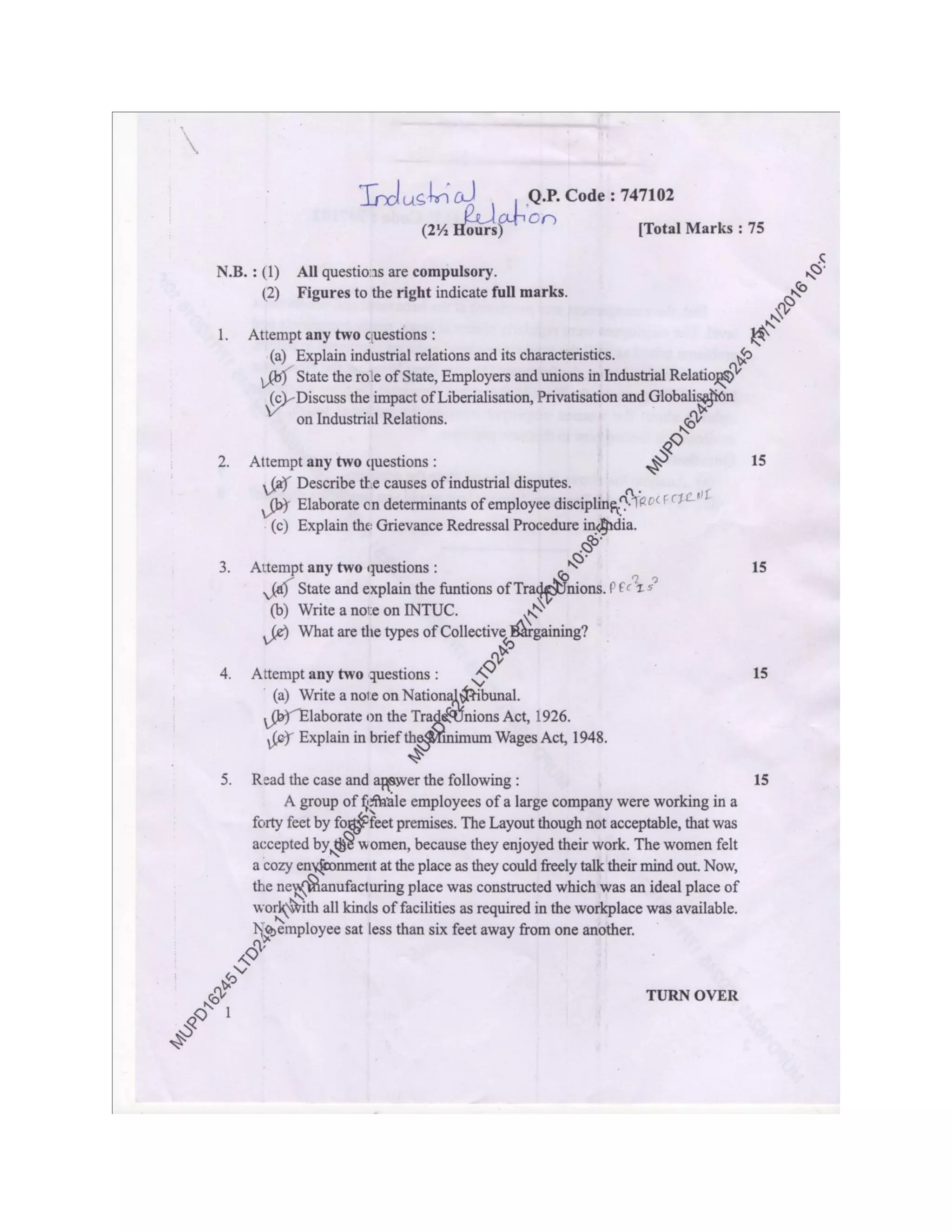 BMS 5th SEM Question Paper:- Industrial Relation | PDF