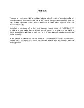 Pharma Force Lab. Summer Industrial Training Report By ARUSH | DOCX