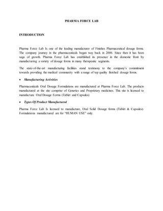 Pharma Force Lab. Summer Industrial Training Report By ARUSH | DOCX