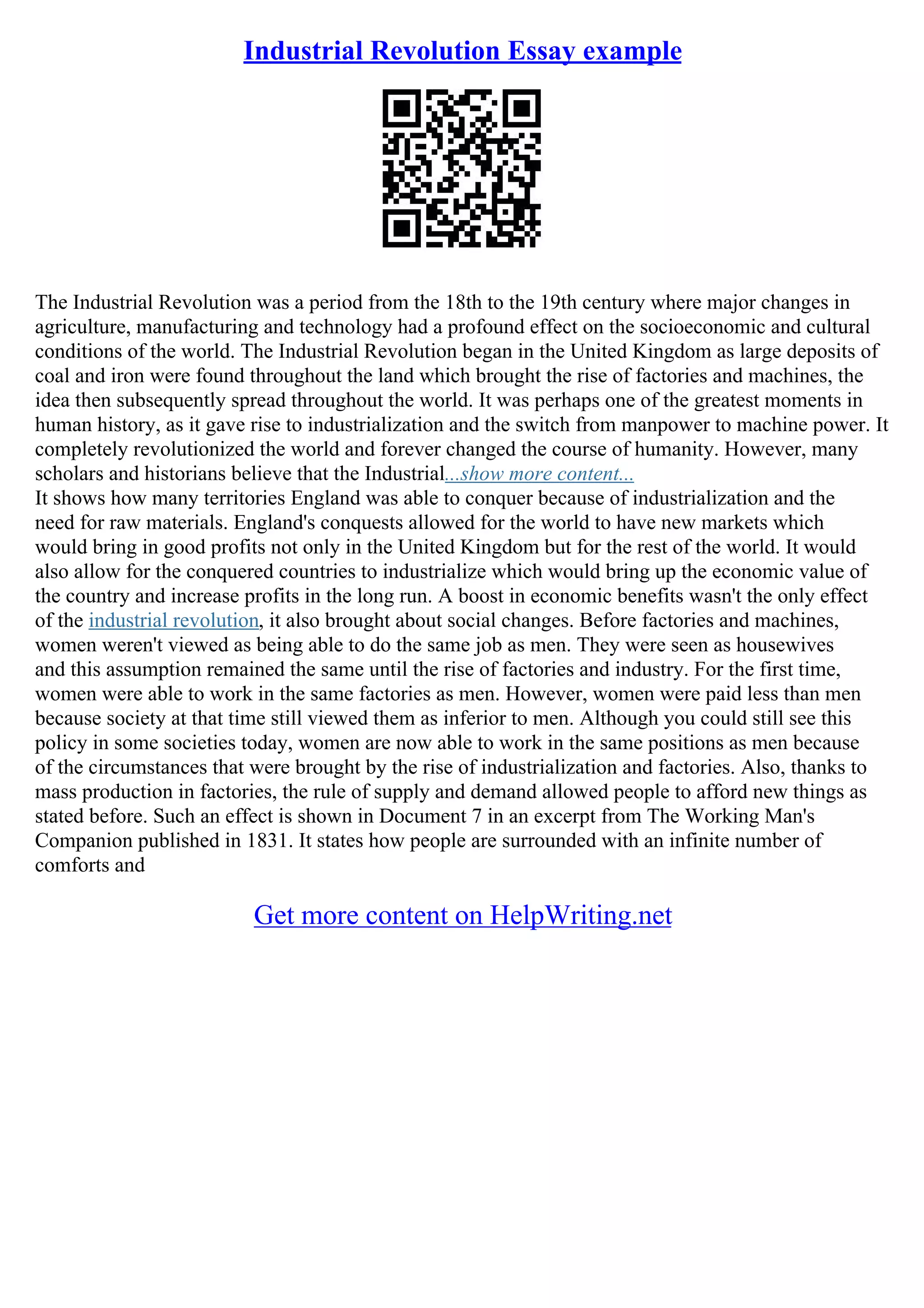 Industrial Revolution Essay Conclusion | PDF