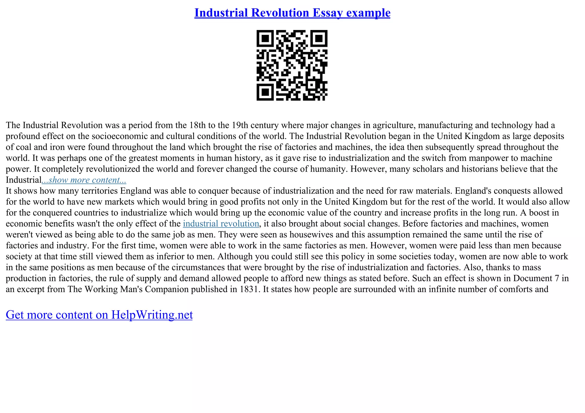 Industrial Revolution Essay Example | PPT