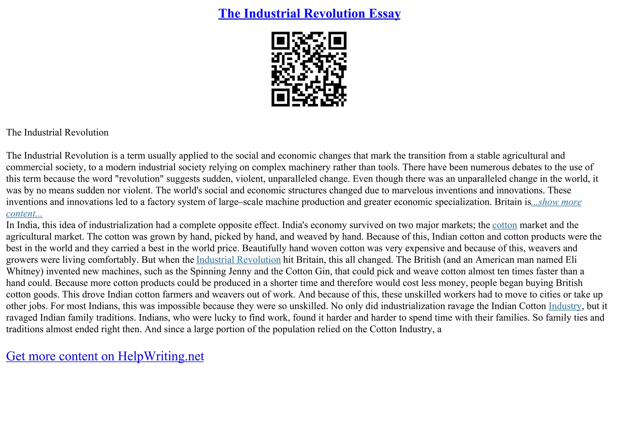 Industrial Revolution Essay Example | PDF