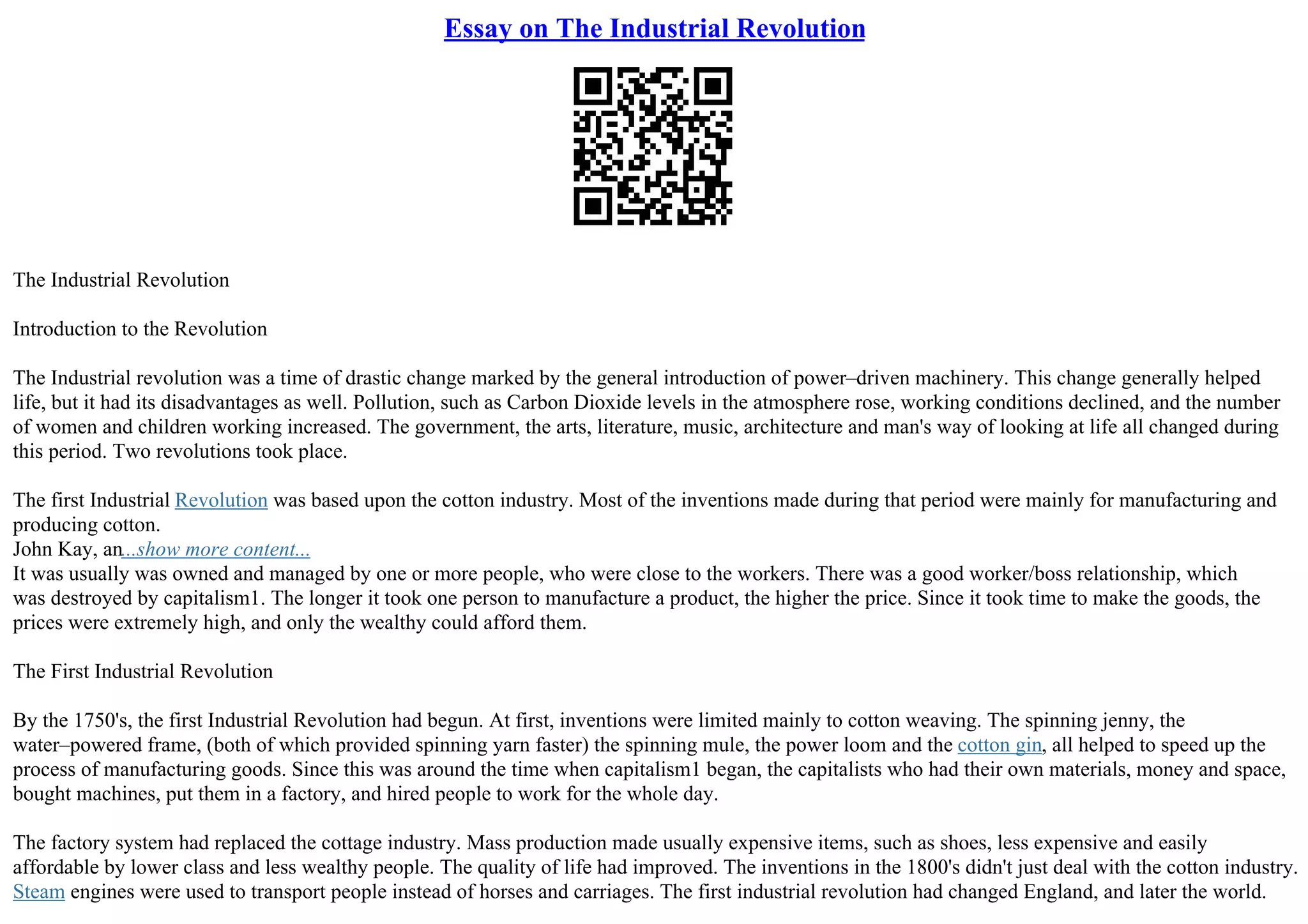 Industrial Revolution Essay Example | PDF