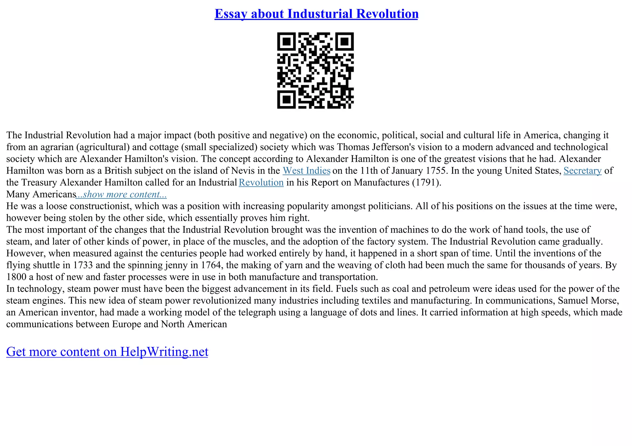 Industrial Revolution Essay Example | PDF