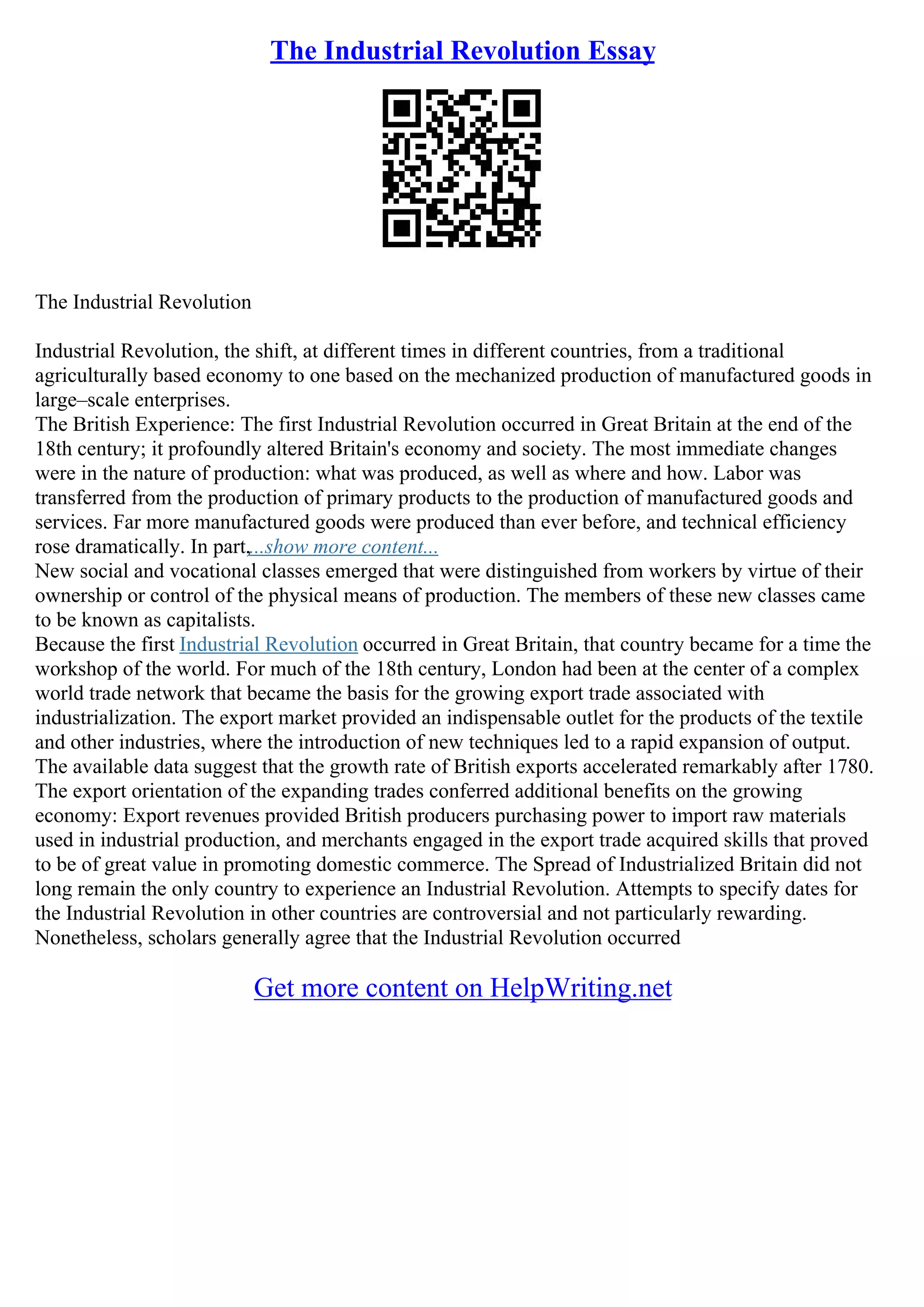 Industrial Revolution Essay Questions | PDF