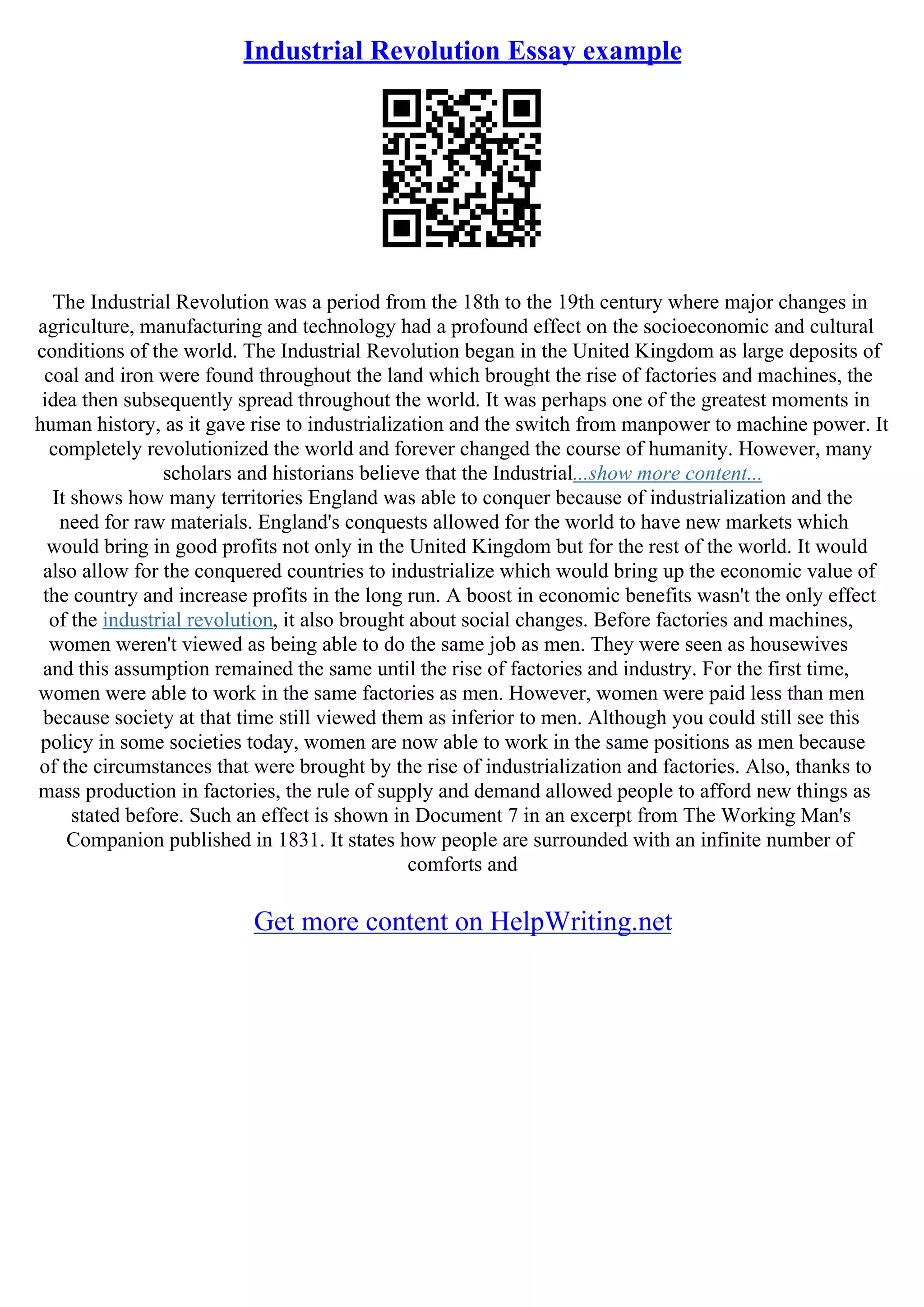 Industrial Revolution Essay Questions | PDF