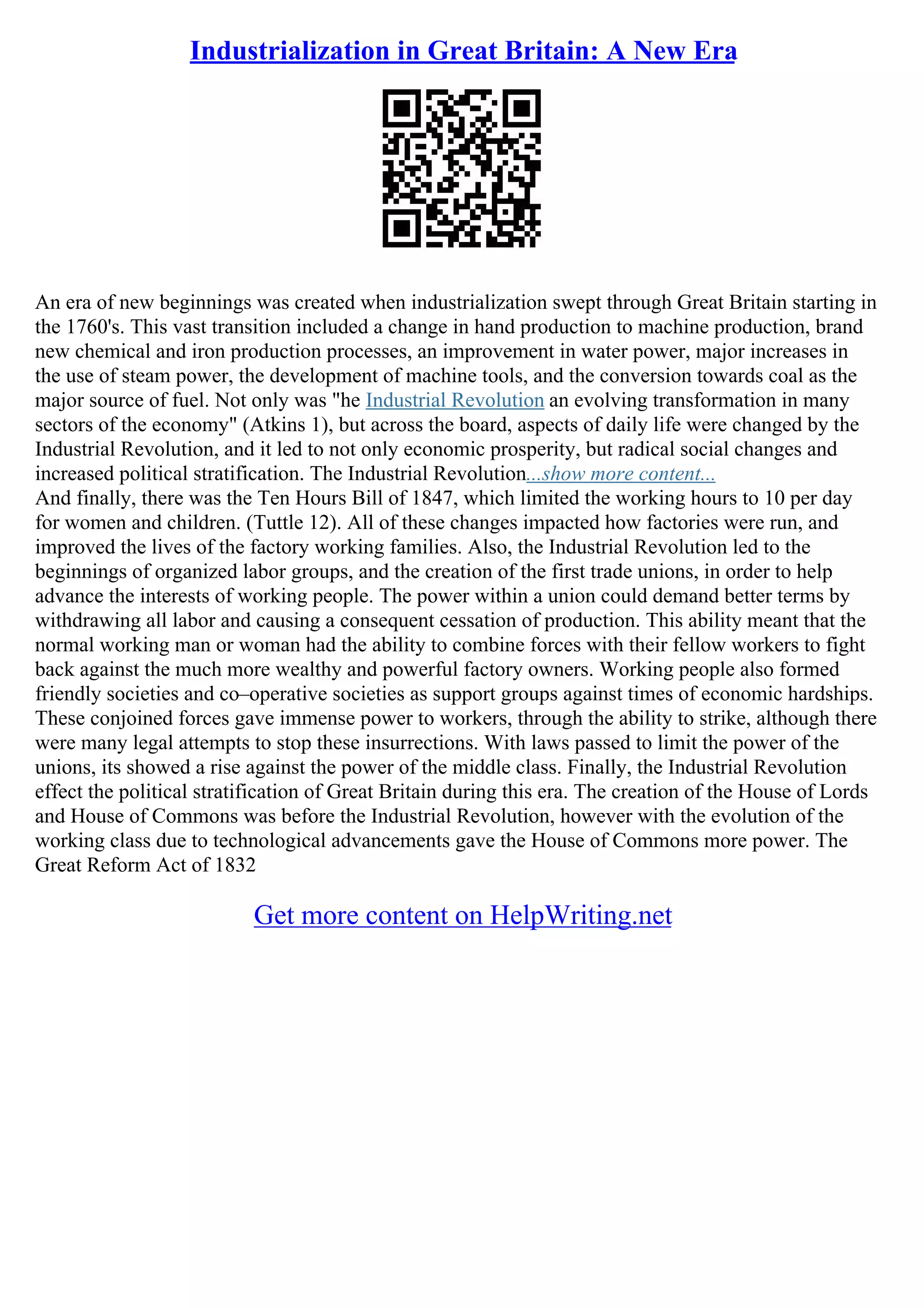 Industrial Revolution In Britain Essay | PDF