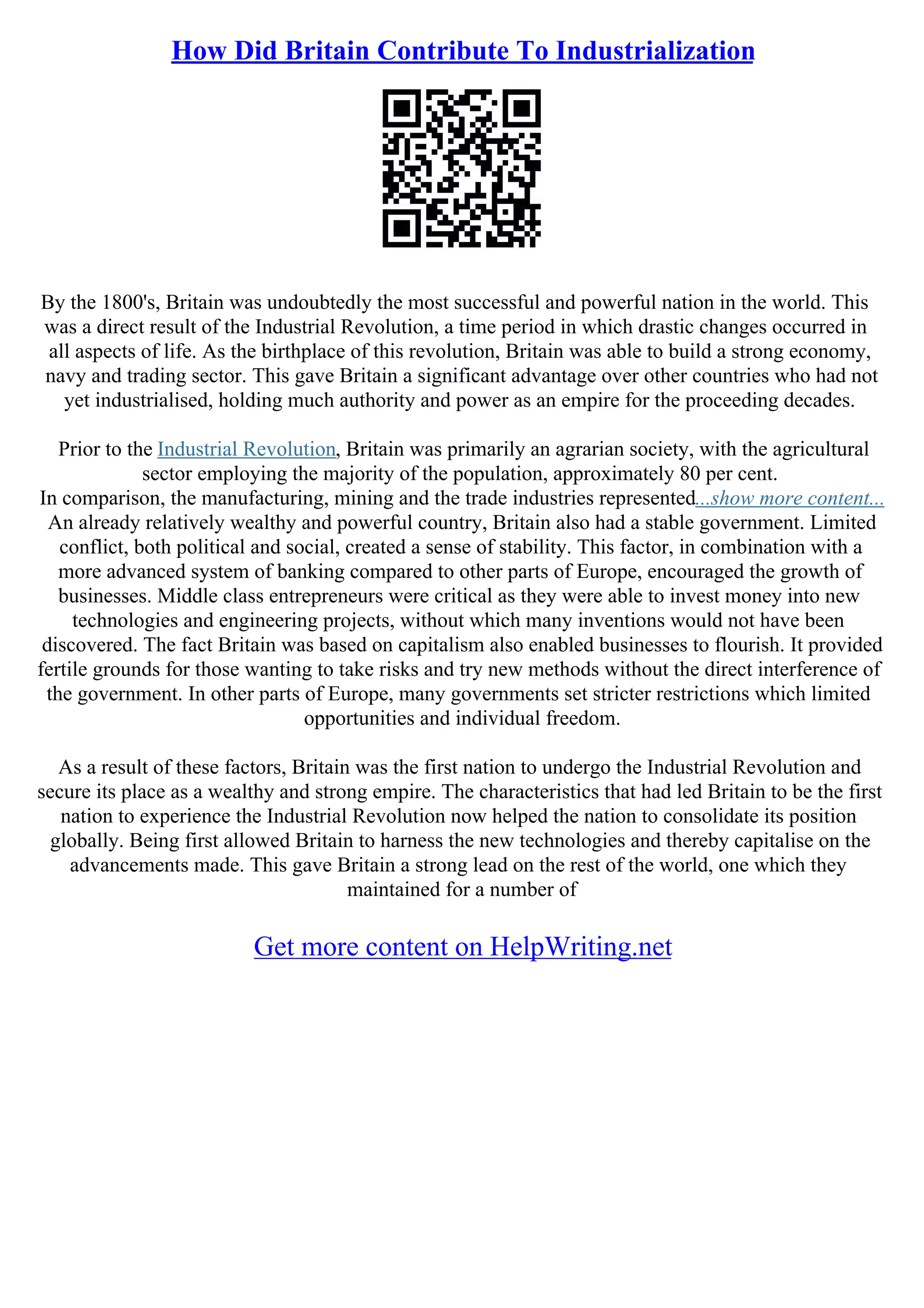 Industrial Revolution In Britain Essay | PDF
