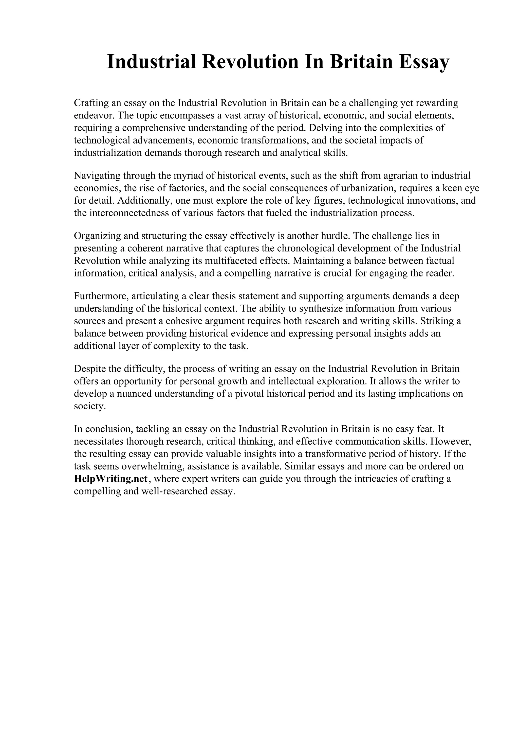 Industrial Revolution In Britain Essay | PDF