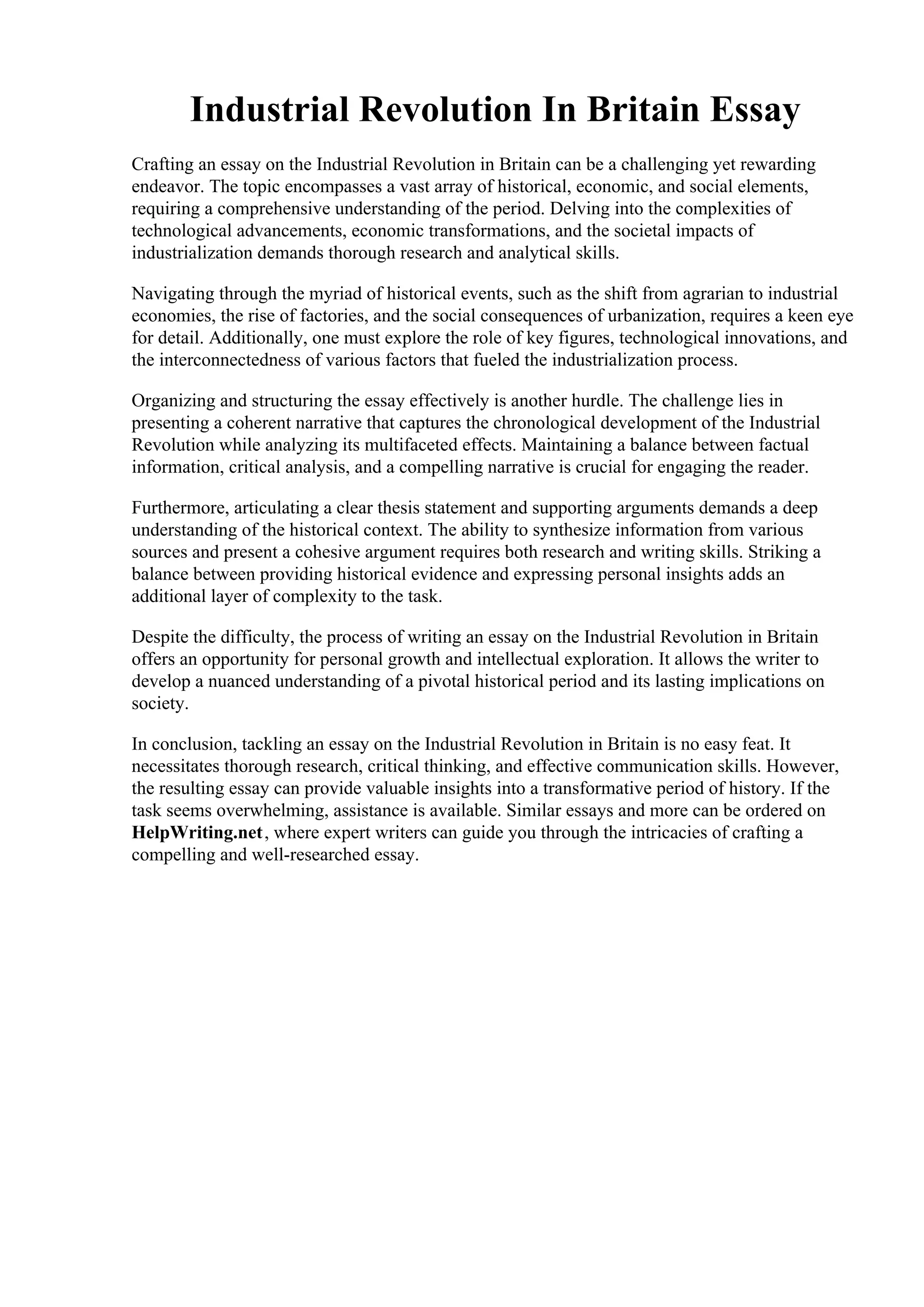 Industrial Revolution In Britain Essay | PDF