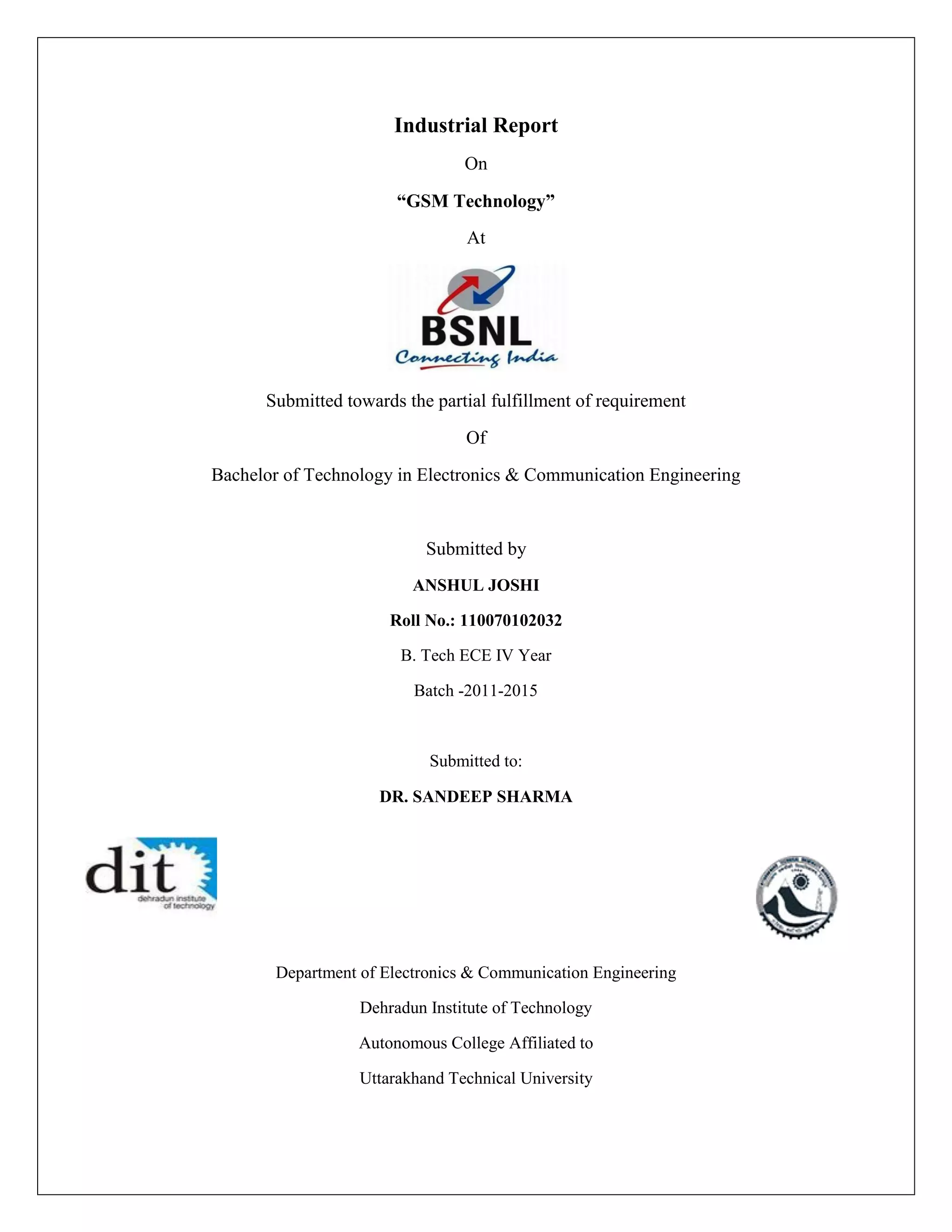 Industrial training report on GSM Techology at BSNL | PDF