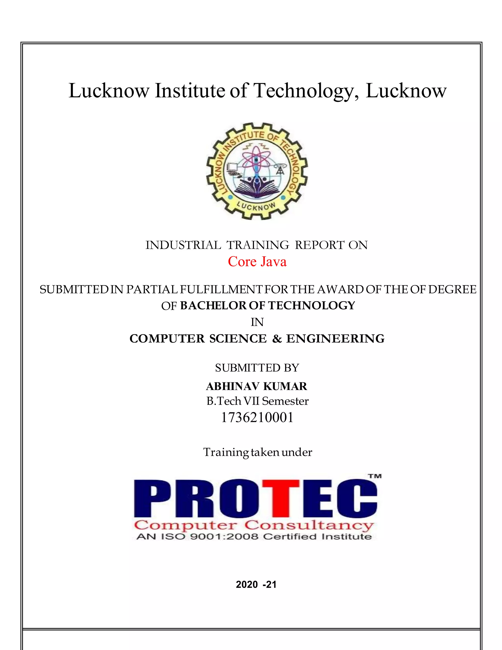 Industrial training report on core java | DOCX | Programming Languages | Computing