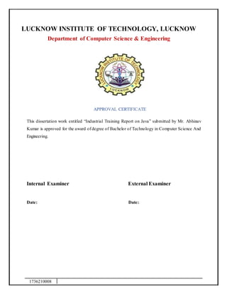 Industrial training report on core java | DOCX | Programming Languages | Computing