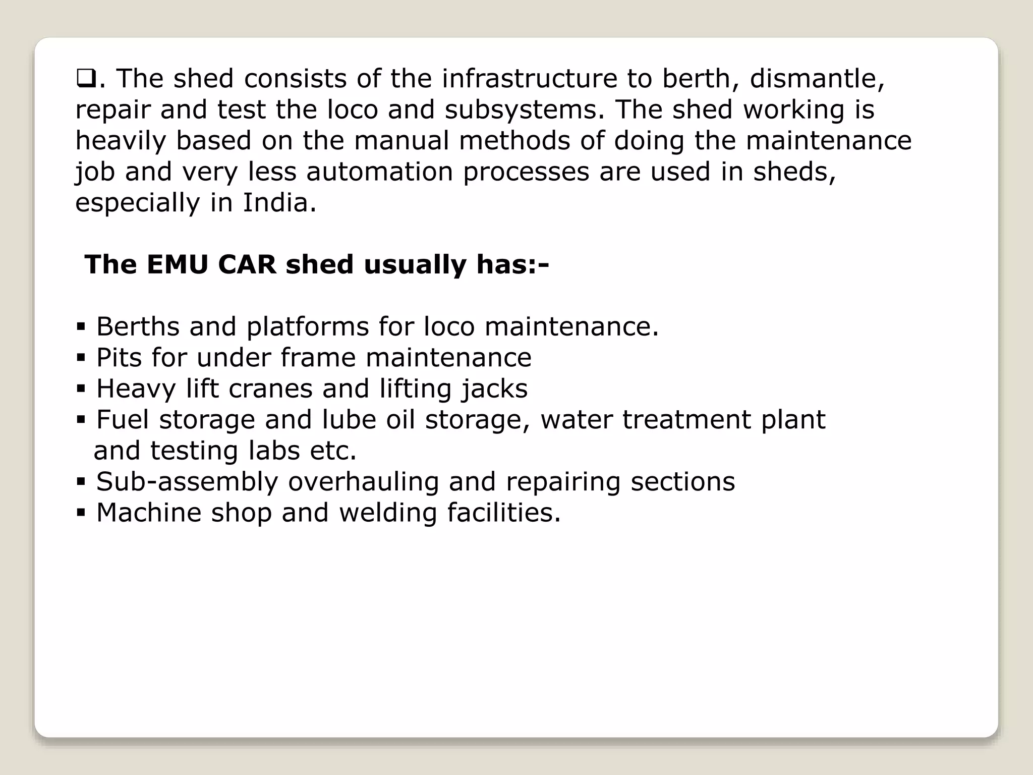 NORTHERN RAILWAY EMU CAR SHED INDUSTRIAL TRAINING PRESENTATION | PPTX