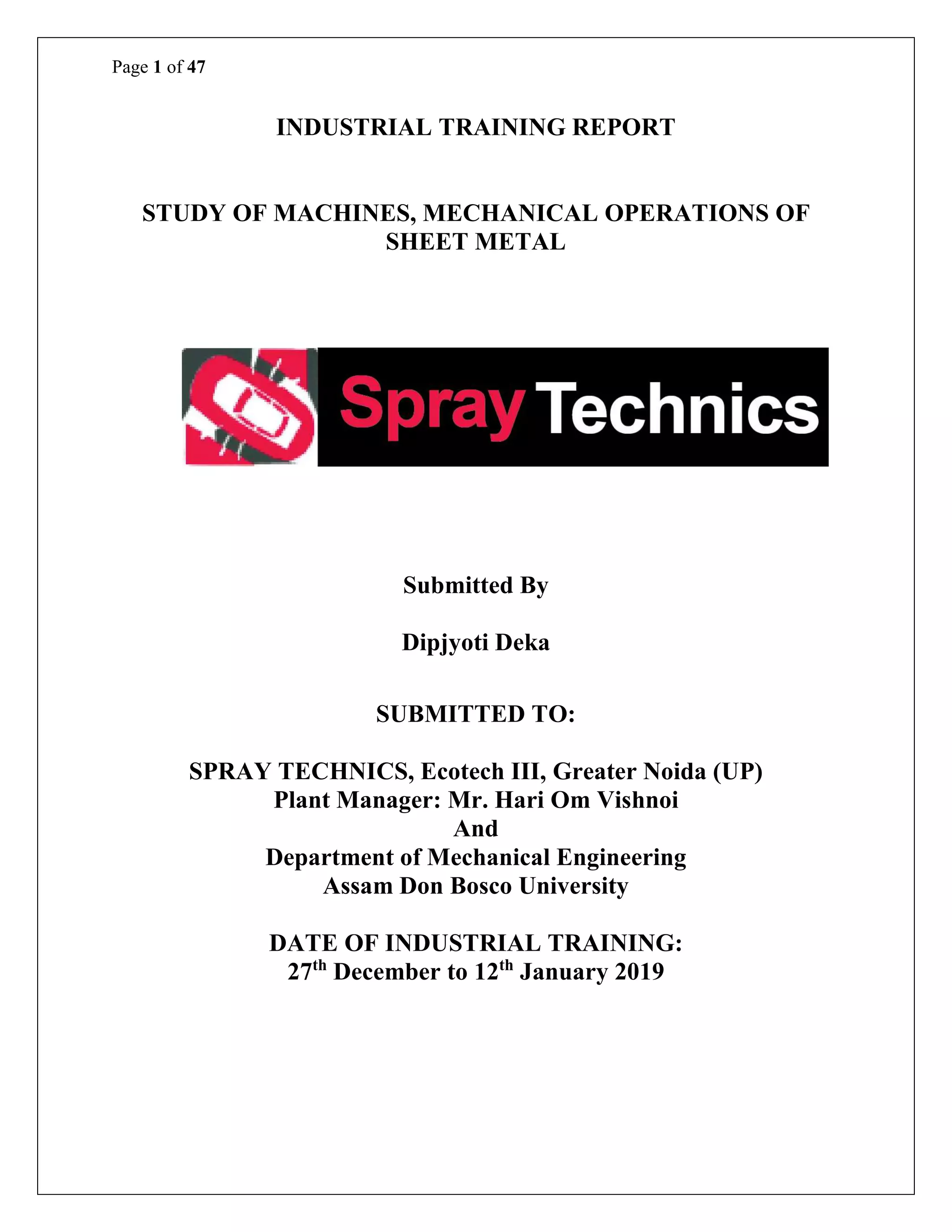 Industrial training report on spray technicics, its various sheet metal ...