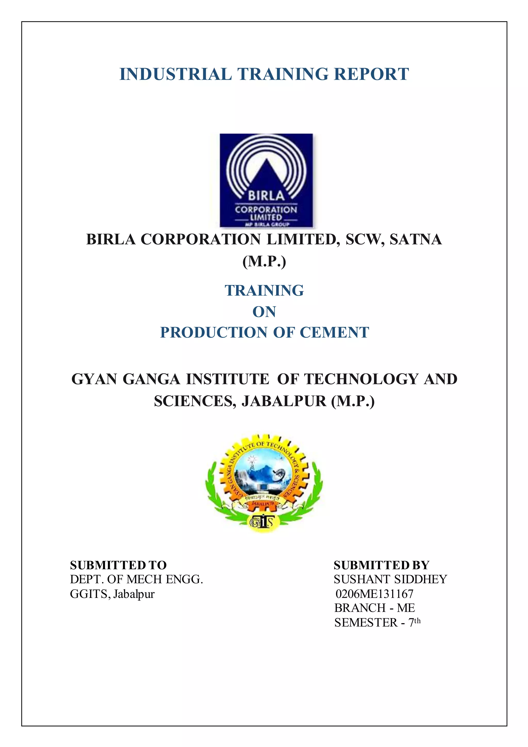 Industrial training report Satna Cement Works (Birla Corp Ltd), Satna ...