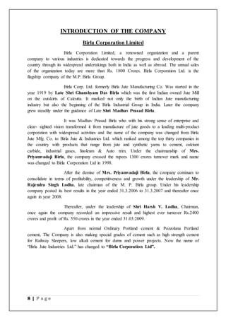 Industrial training report Satna Cement Works (Birla Corp Ltd), Satna ...