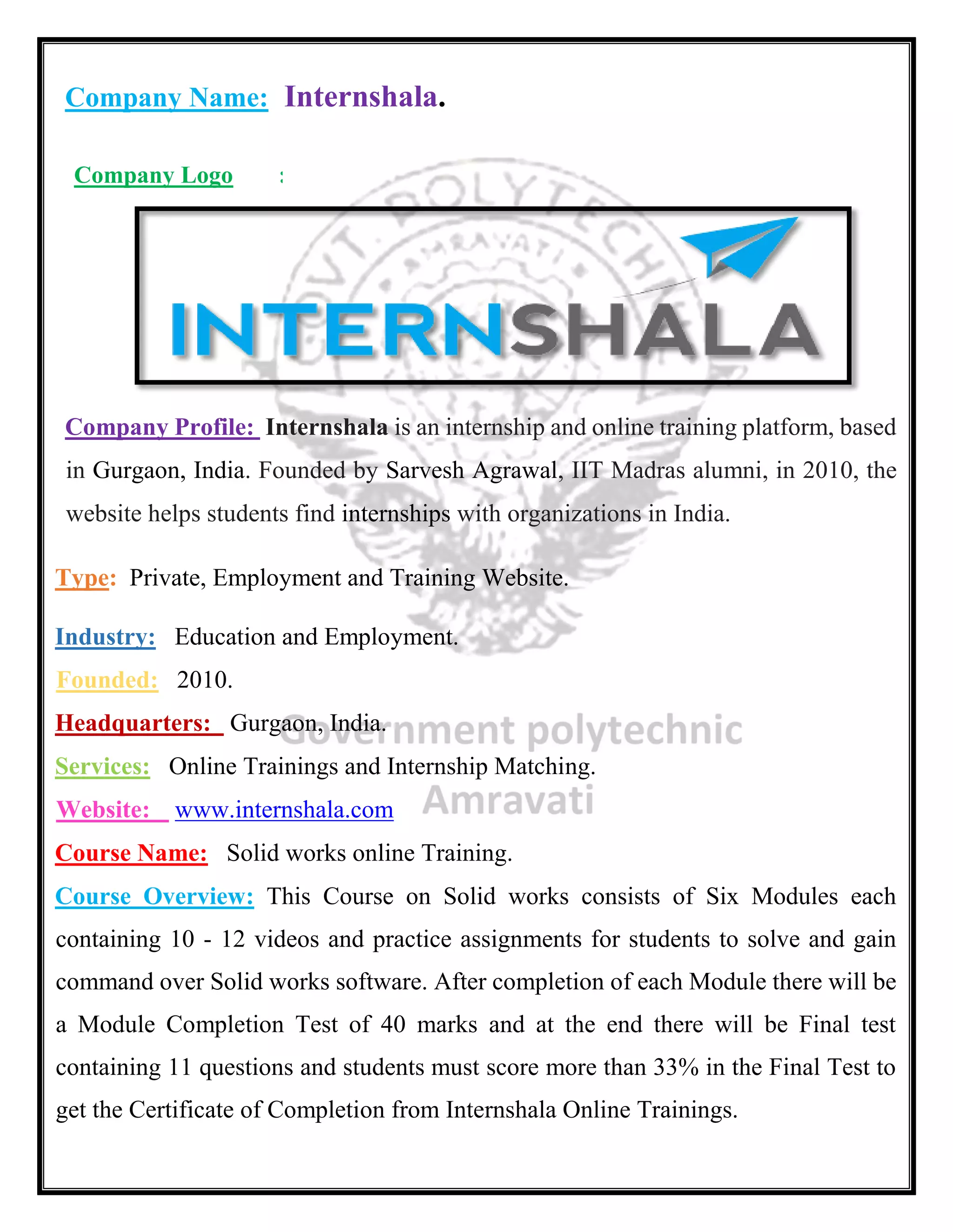 Industrial training solid works report by atharva mahalle (19 me001) | PDF