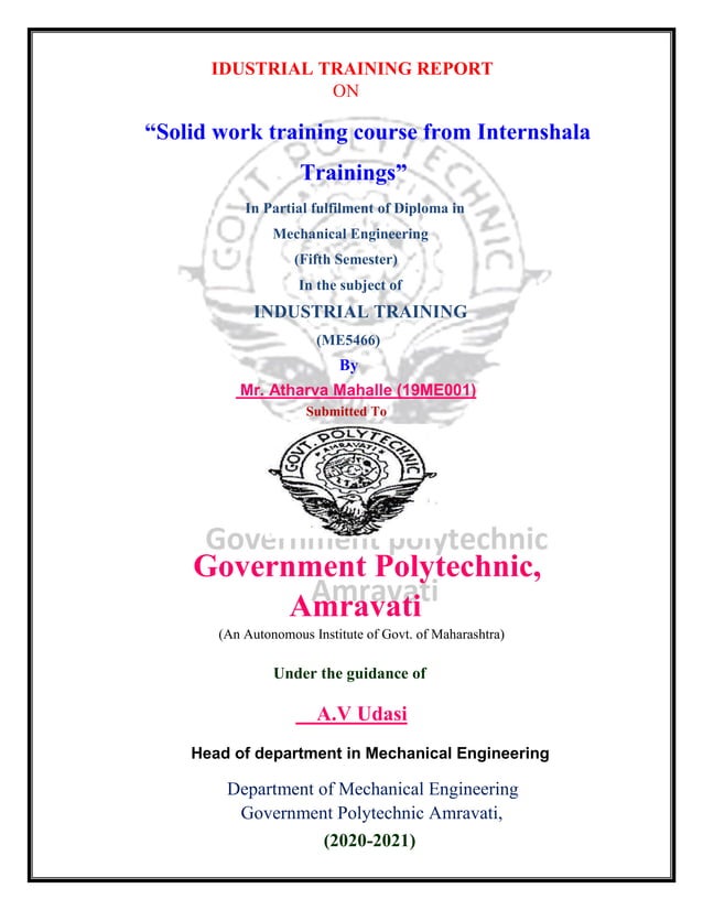 Industrial training solid works report by atharva mahalle (19 me001) | PDF