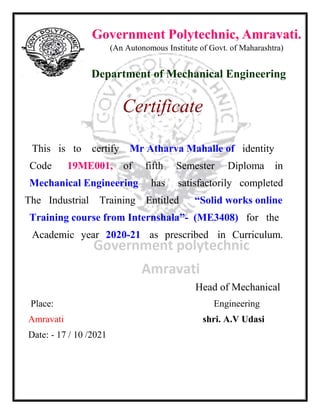 Industrial training solid works report by atharva mahalle (19 me001) | PDF