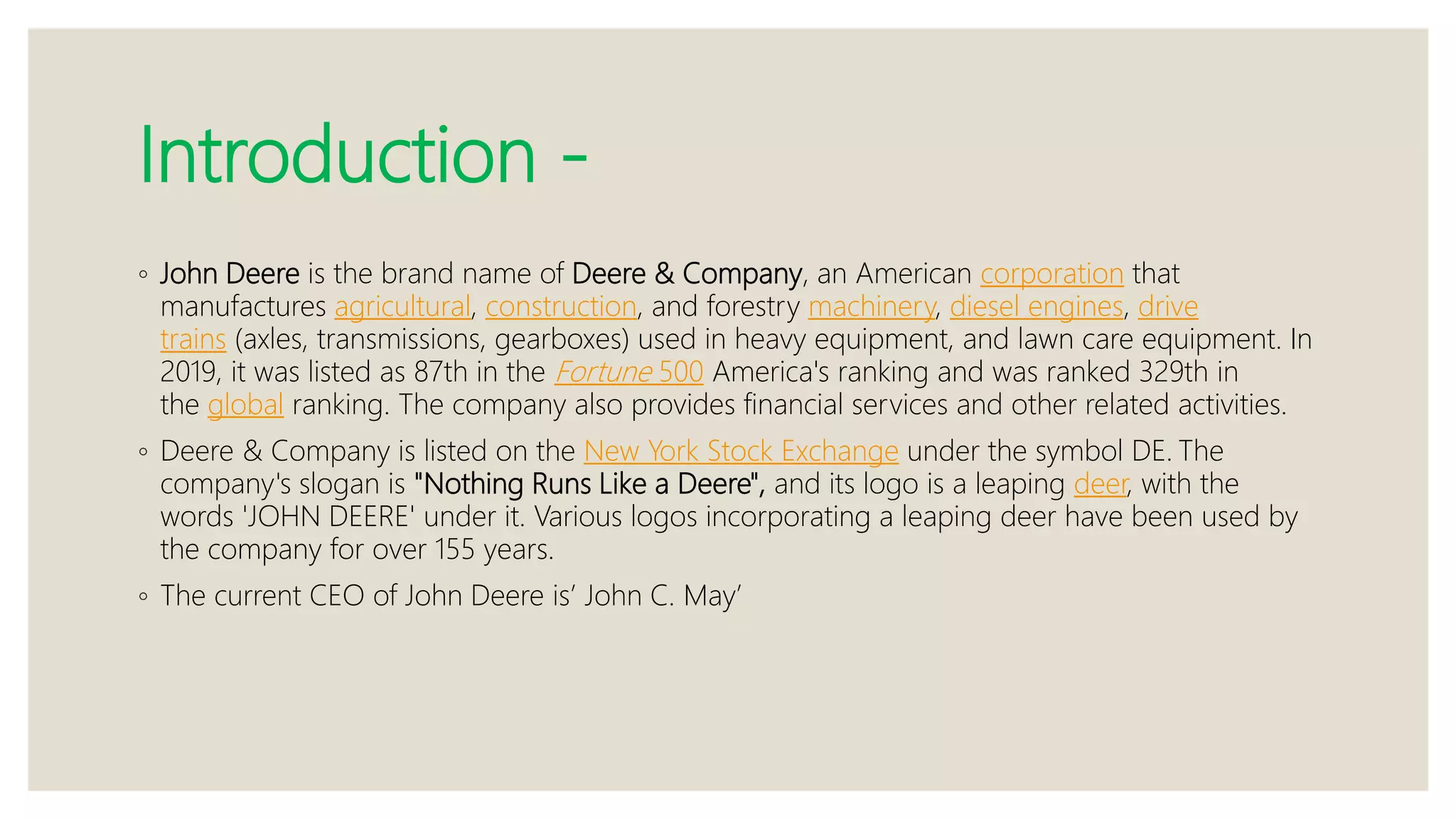 Industrial visit presentation John Deere | PPTX | Agriculture | Industries