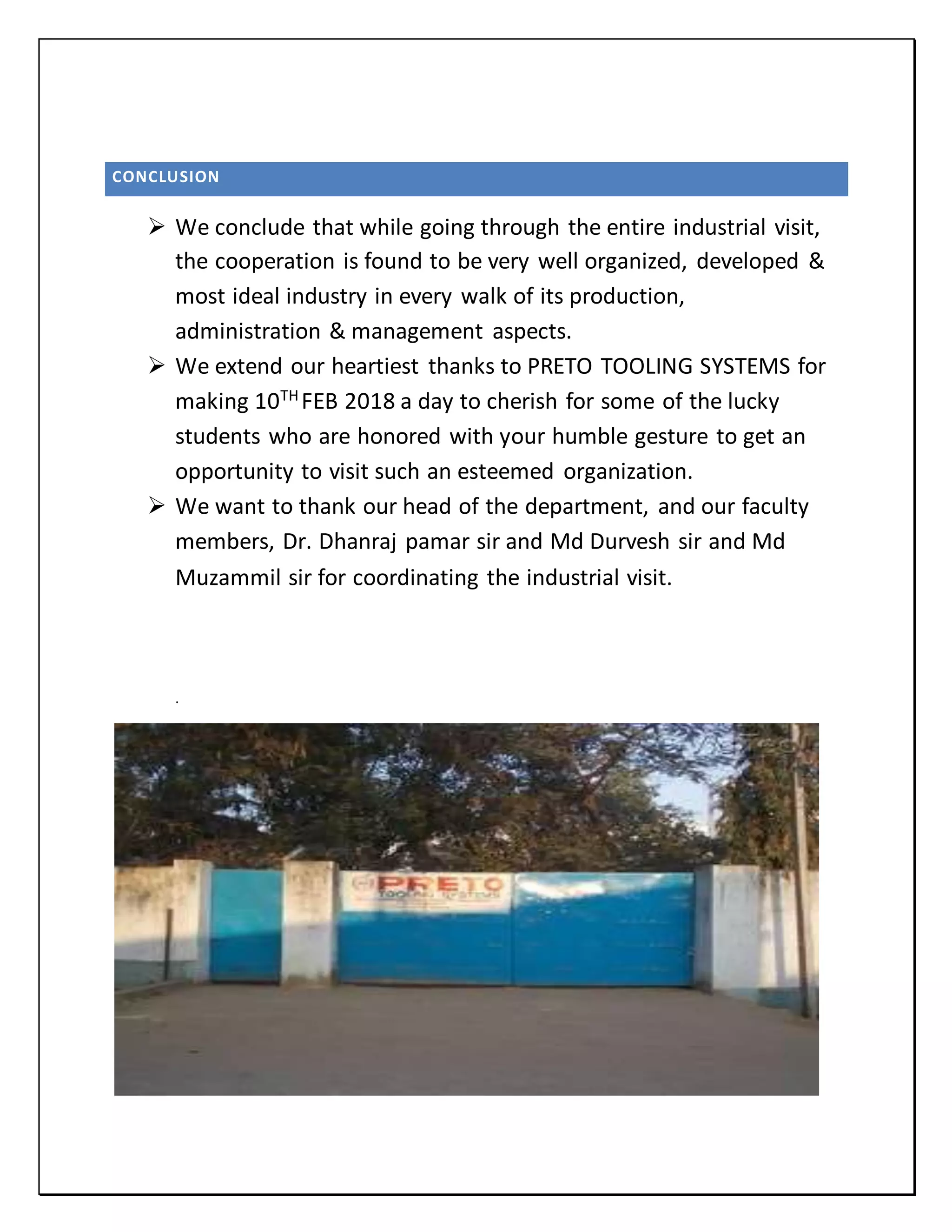 Report on industrial visit and observation on manufacturing and ...