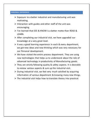 Report on industrial visit and observation on manufacturing and ...