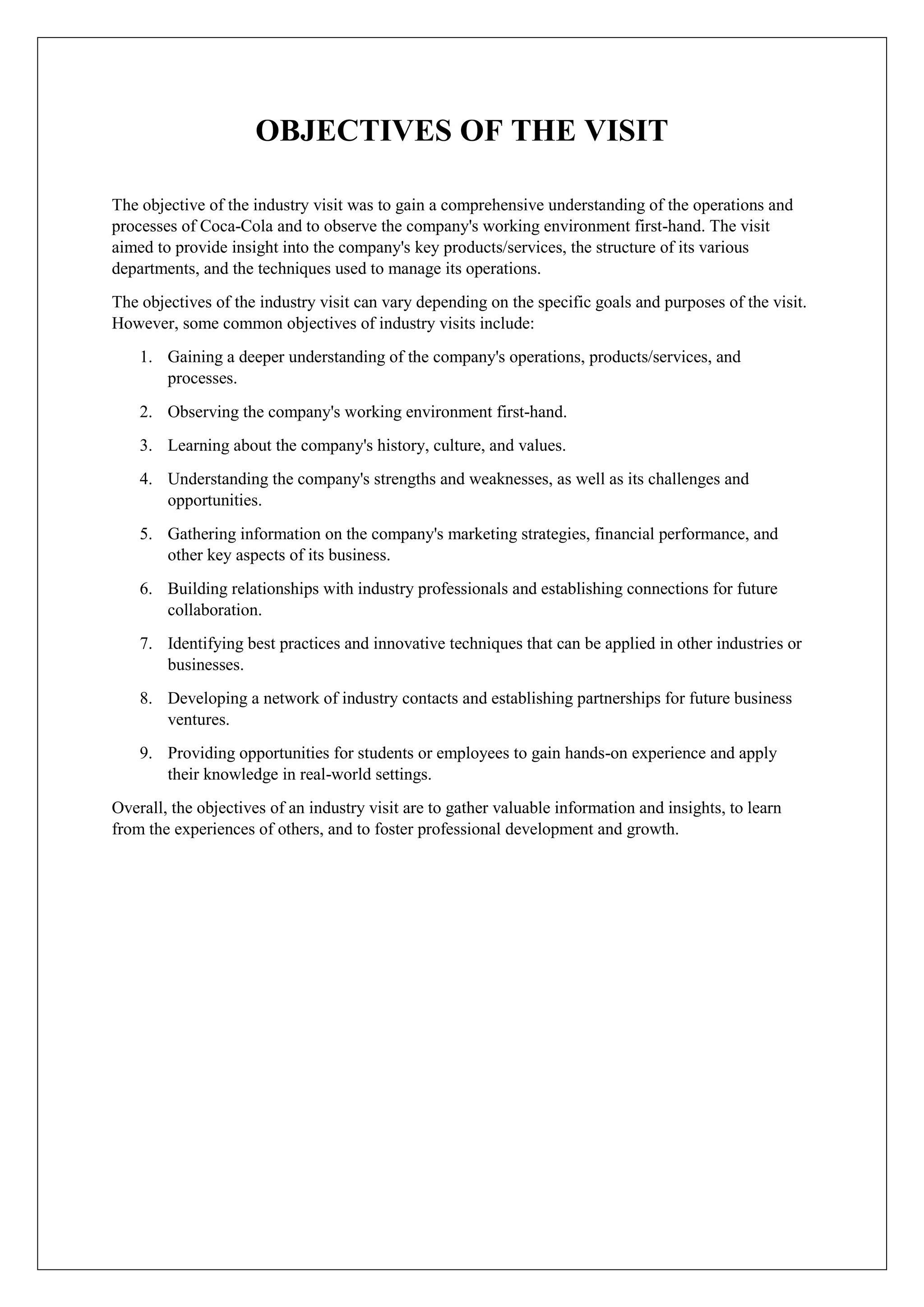 Industrial Visit Report of COCACOLA | DOCX