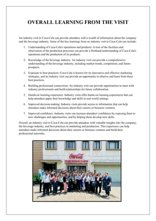 Industrial Visit Report of COCACOLA | DOCX