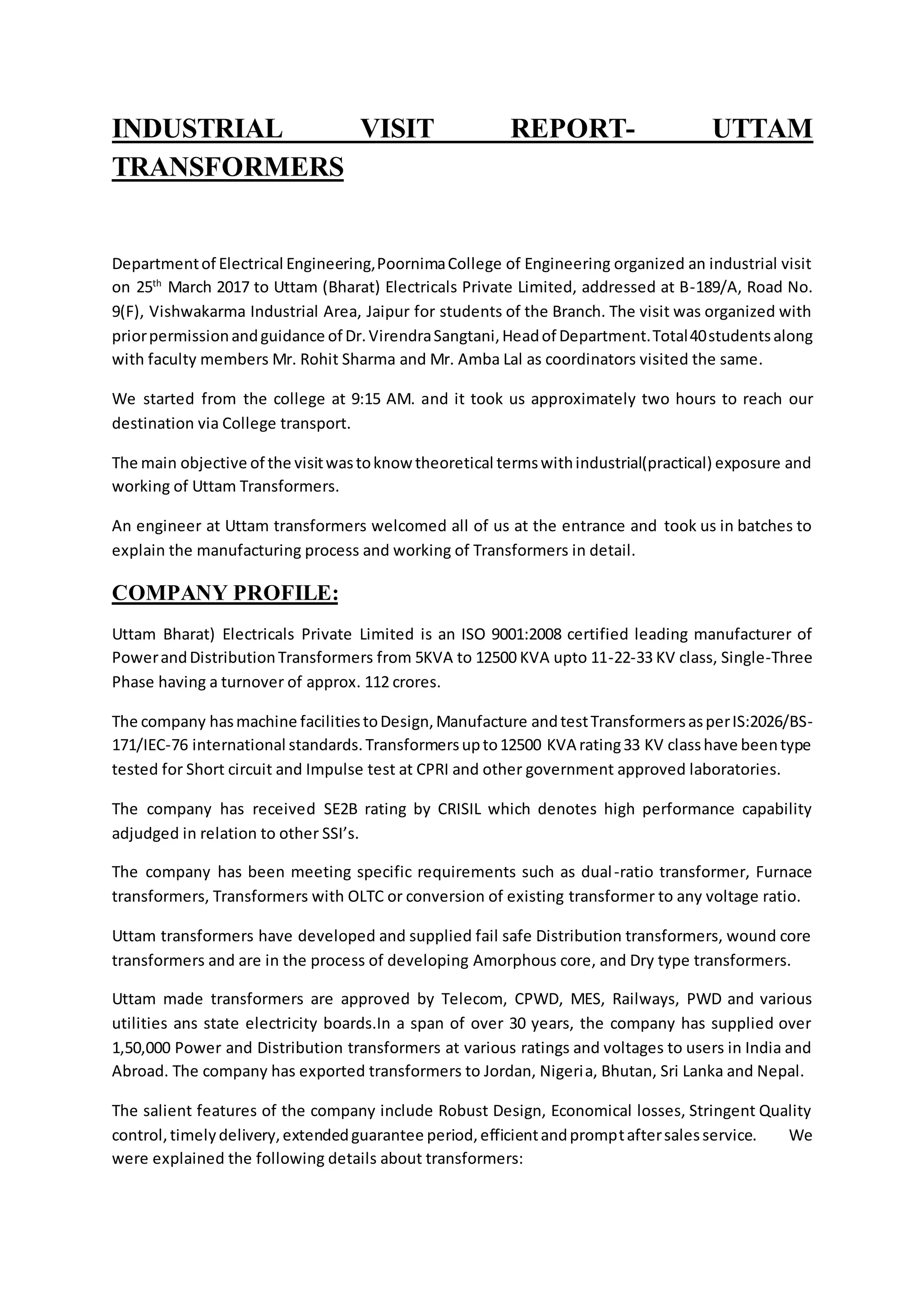 Industrial visit report uttam transformers | DOCX