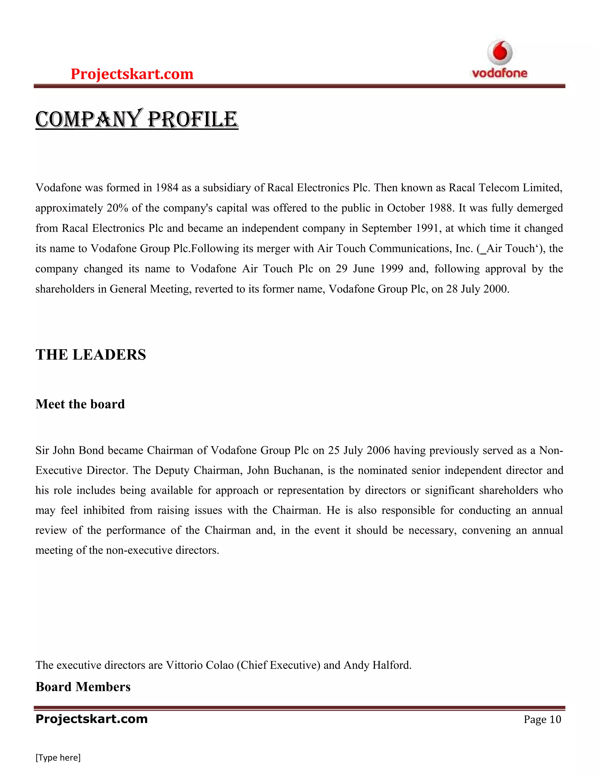Industry analysis conducted at vodafone | DOC