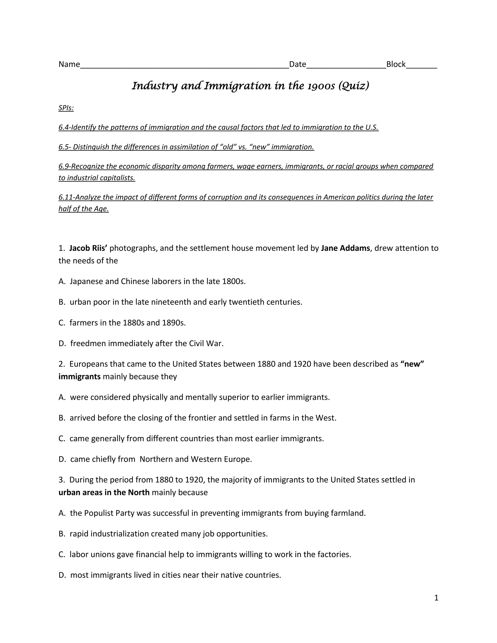 Industry and immigration quiz | DOCX
