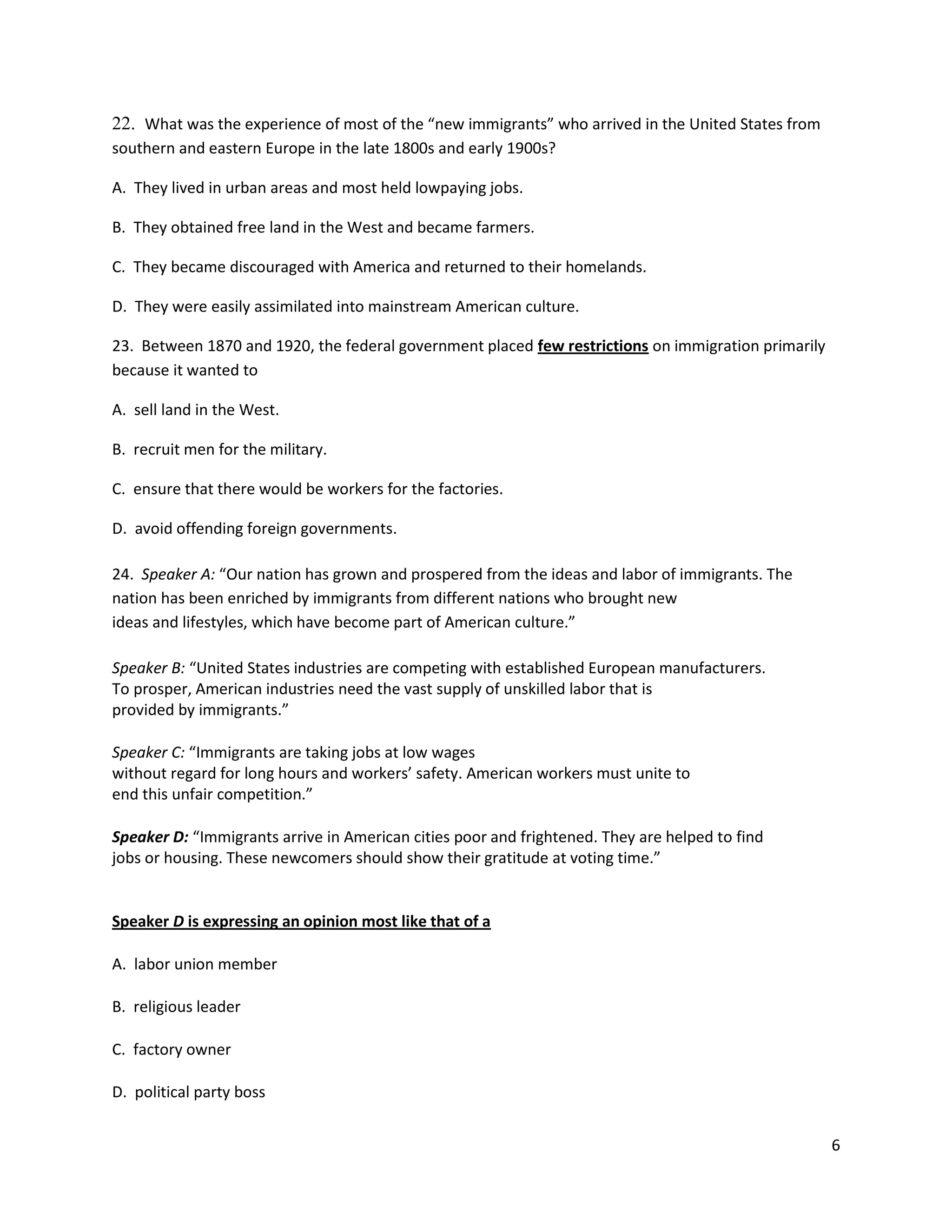 Industry and immigration quiz | DOCX