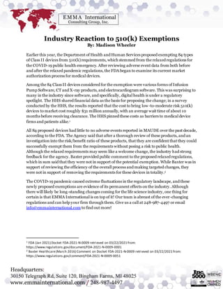 Industry Reaction to 510(k) Exemptions | PDF