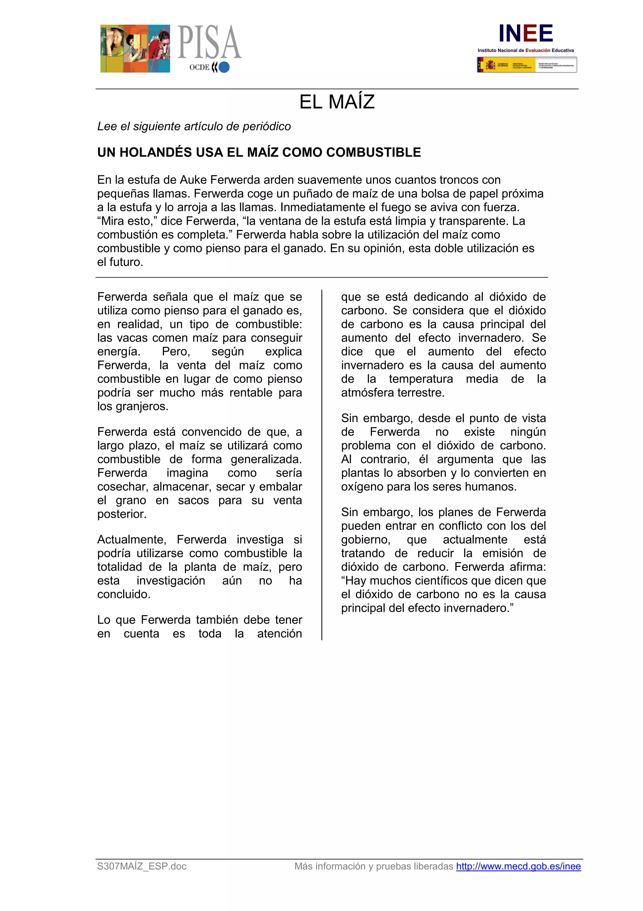 El maíz: Estímulo PISA como recurso didáctico para Ciencias | PDF