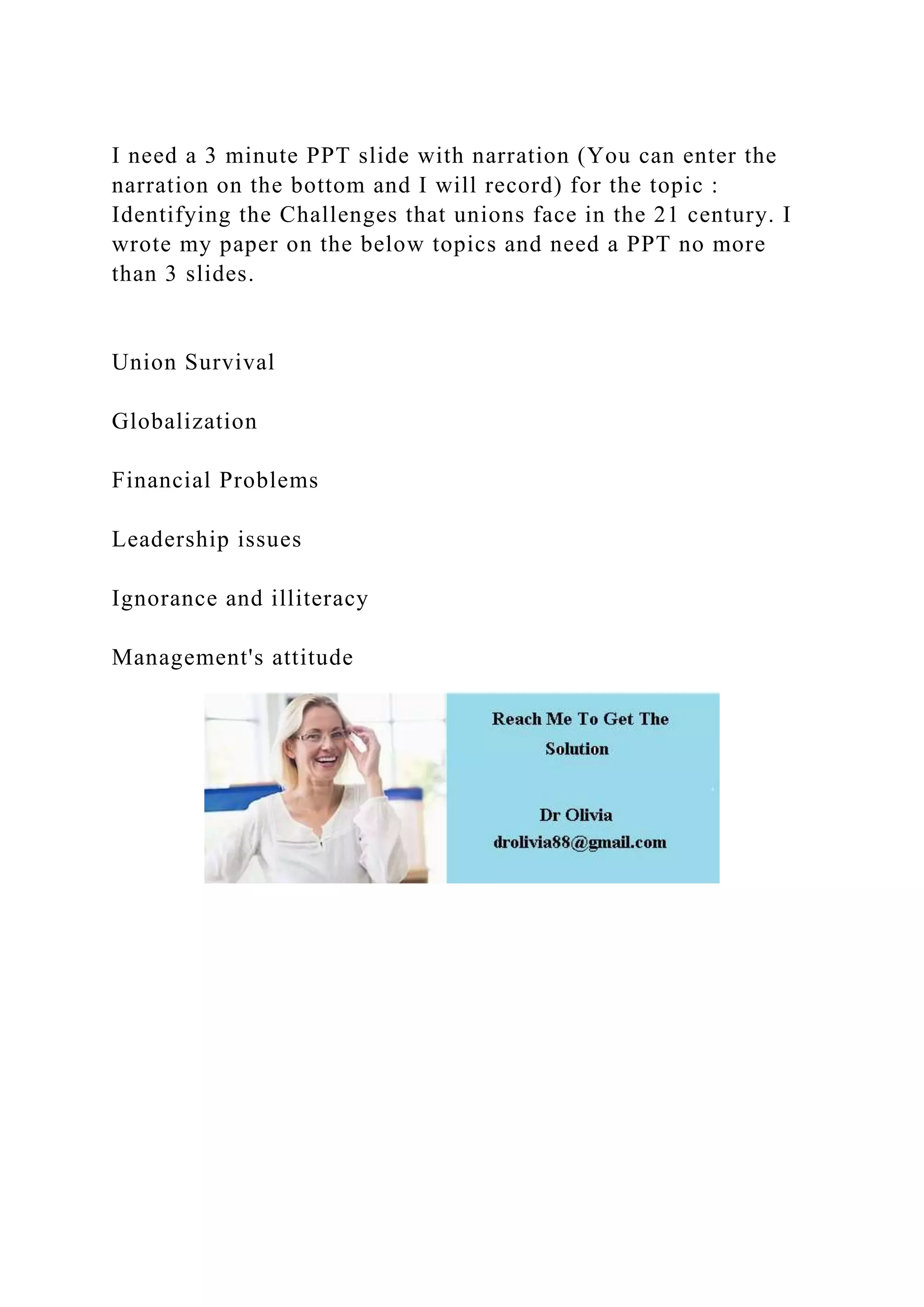 I need a 3 minute PPT slide with narration (You can enter the narrat | DOCX