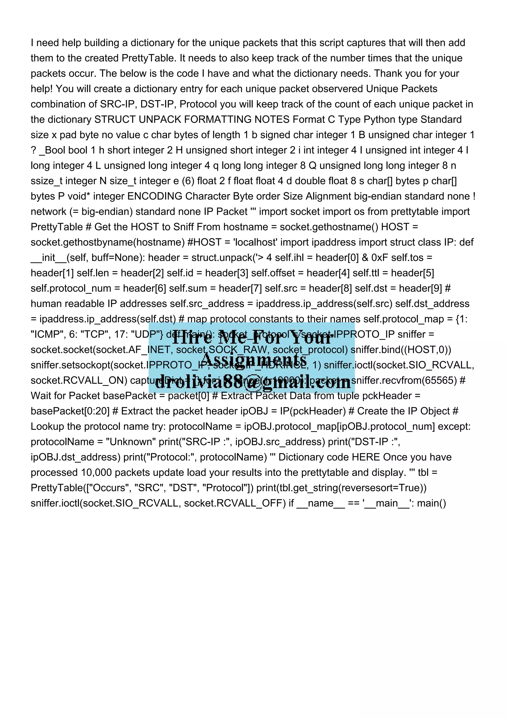 I need help building a dictionary for the unique packets tha.pdf