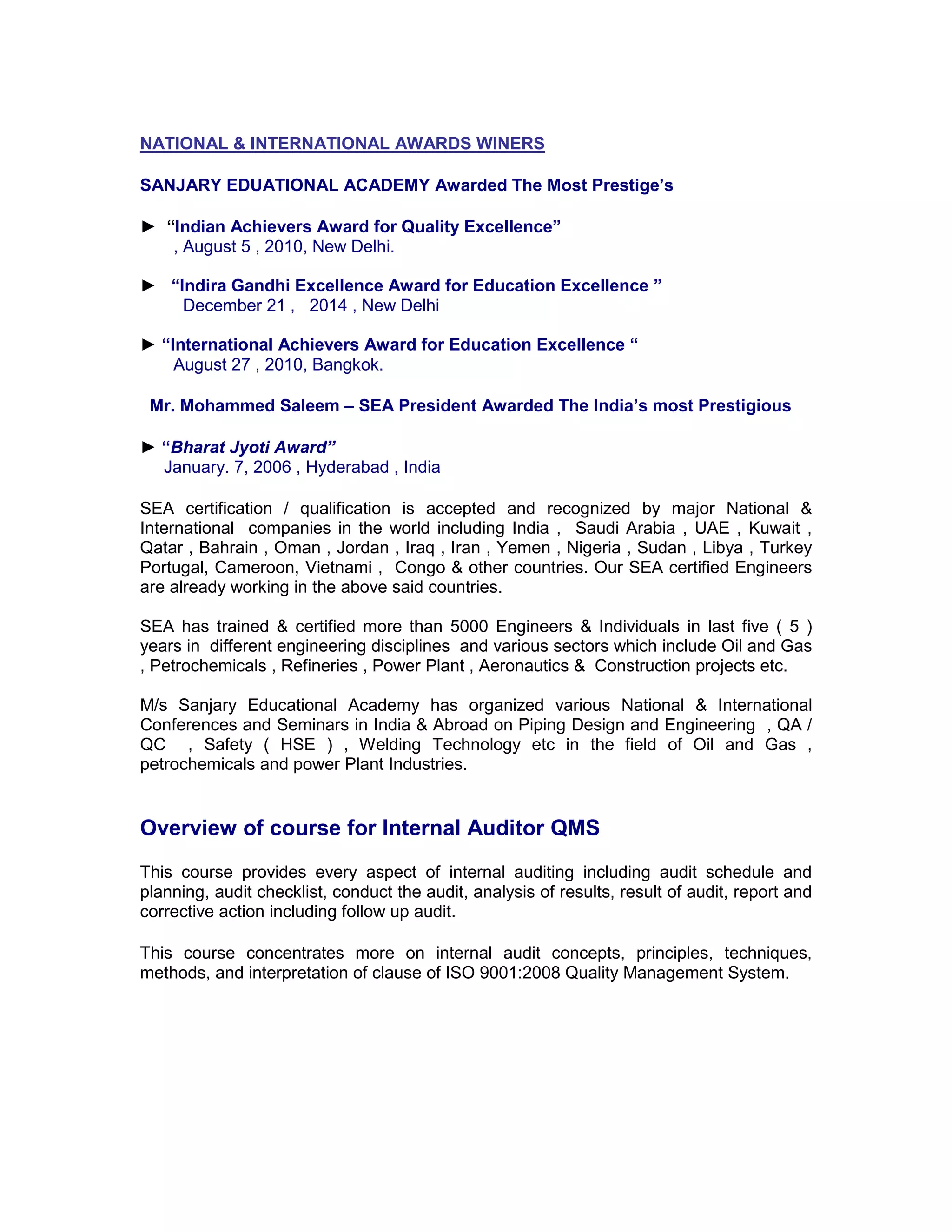 Internal Auditor QMS / OHSAS / EMS Course | PDF | Education industry ...