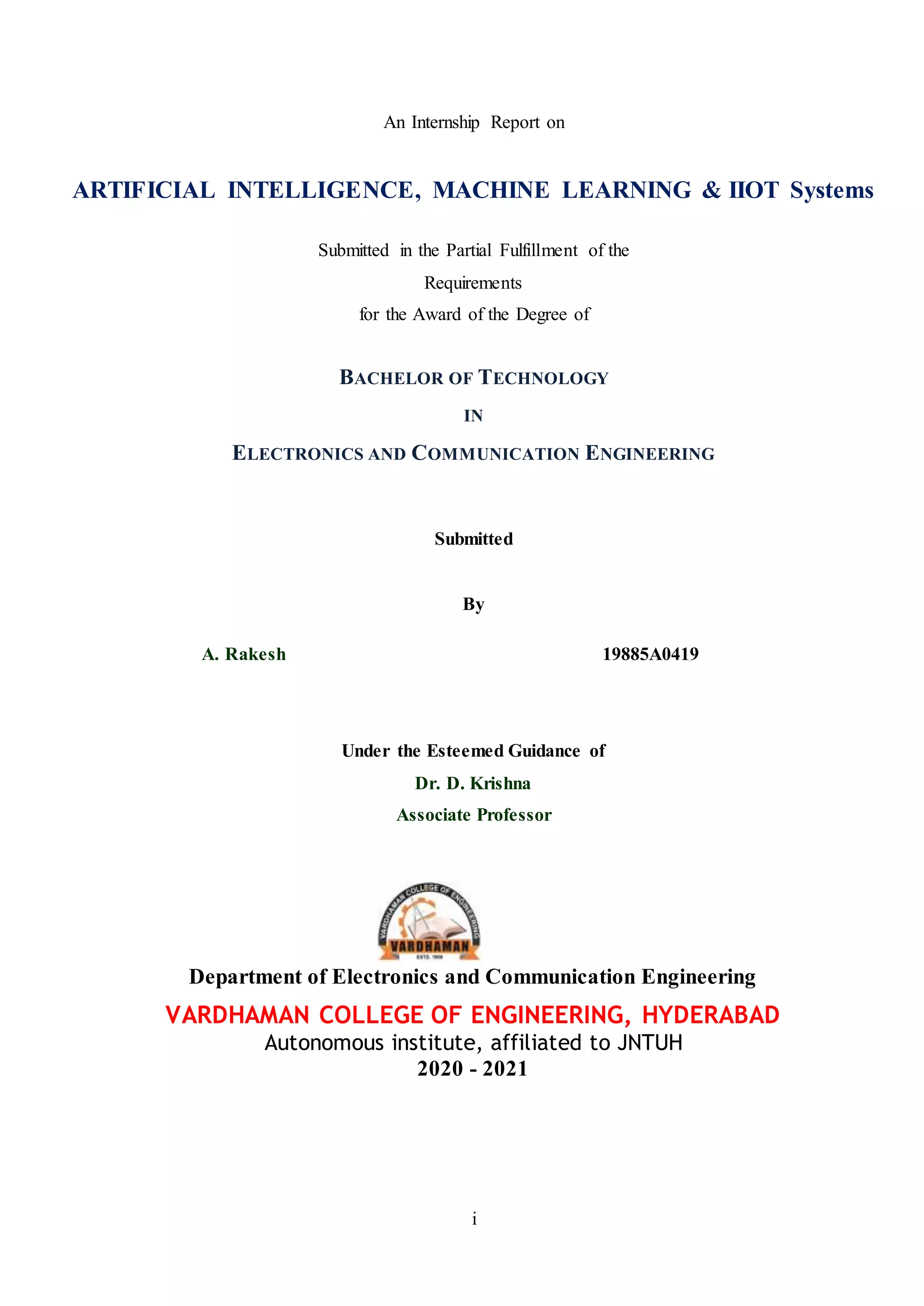 Internship report on AI , ML & IIOT and project responses full docs | DOCX