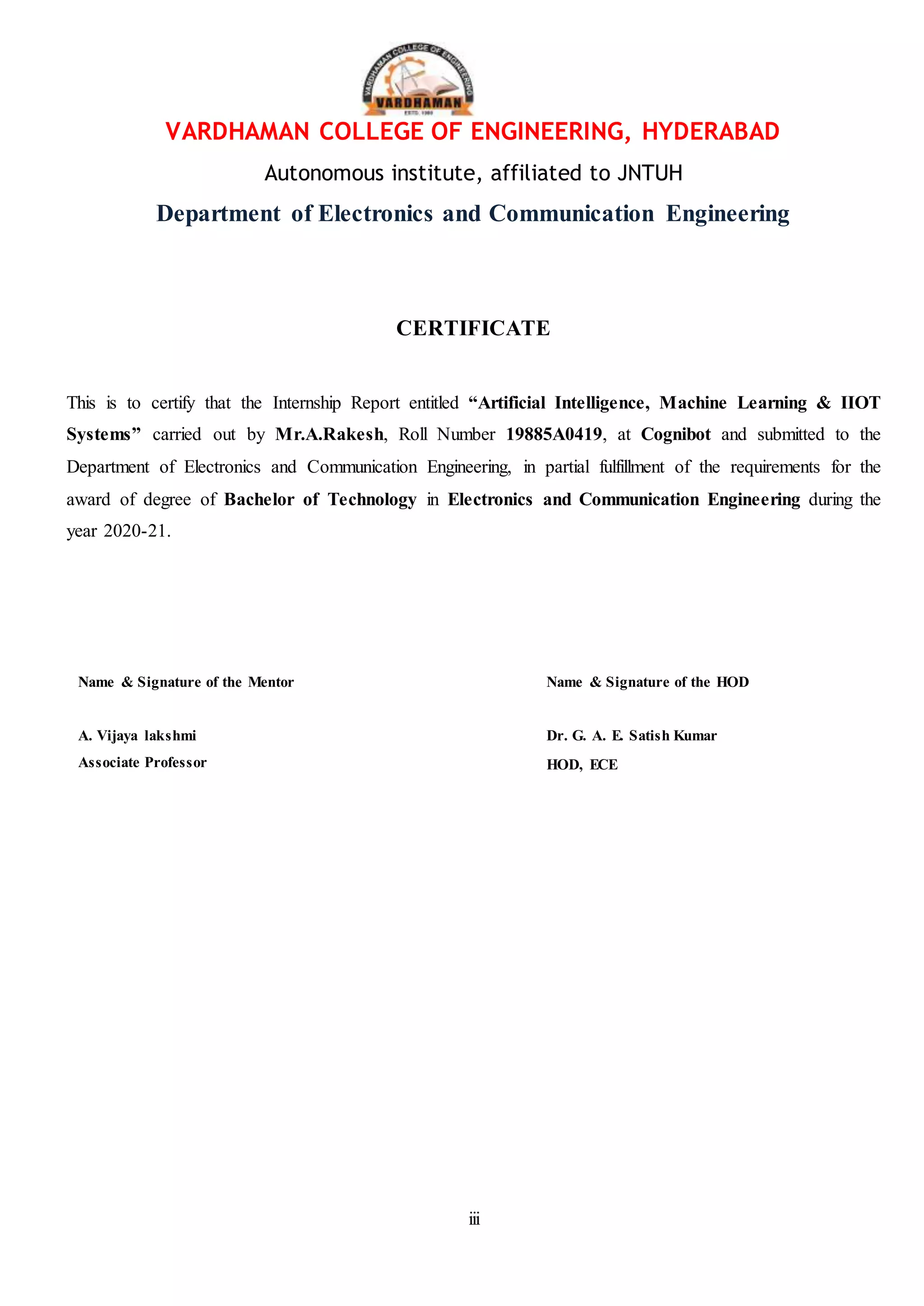 Internship report on AI , ML & IIOT and project responses full docs | DOCX