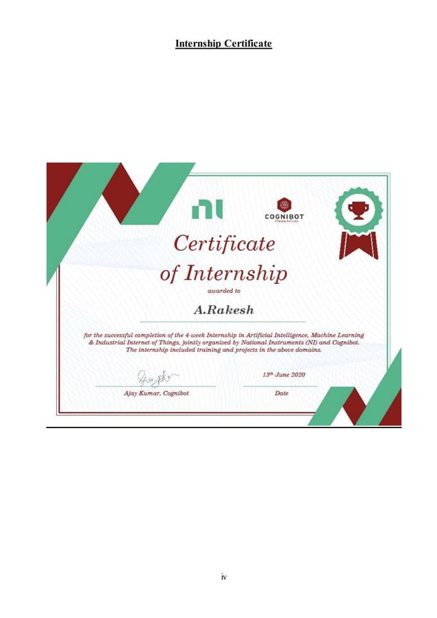Internship report on AI , ML & IIOT and project responses full docs ...