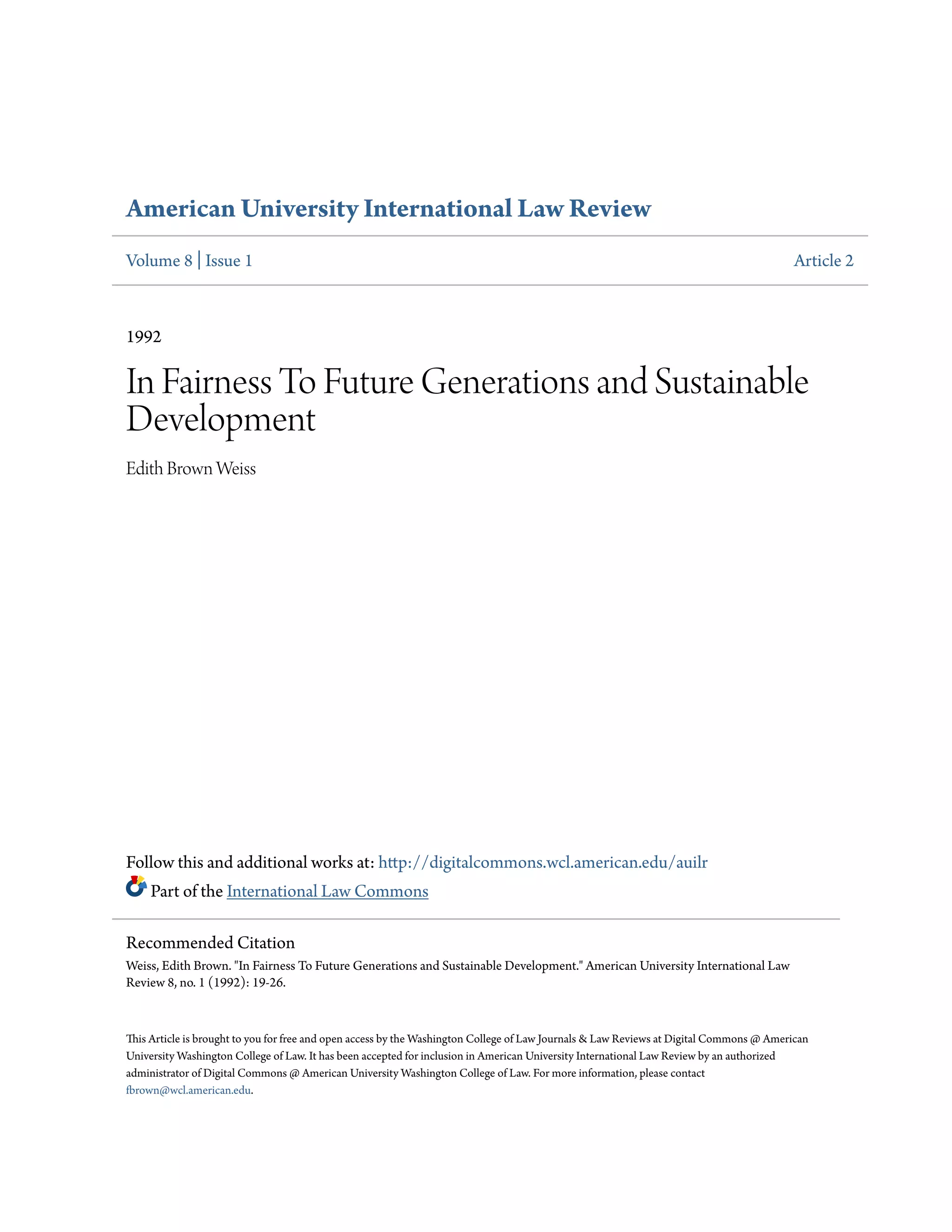 Edith Brown Weiss: In Fairness to Future Generations and Sustainable ...