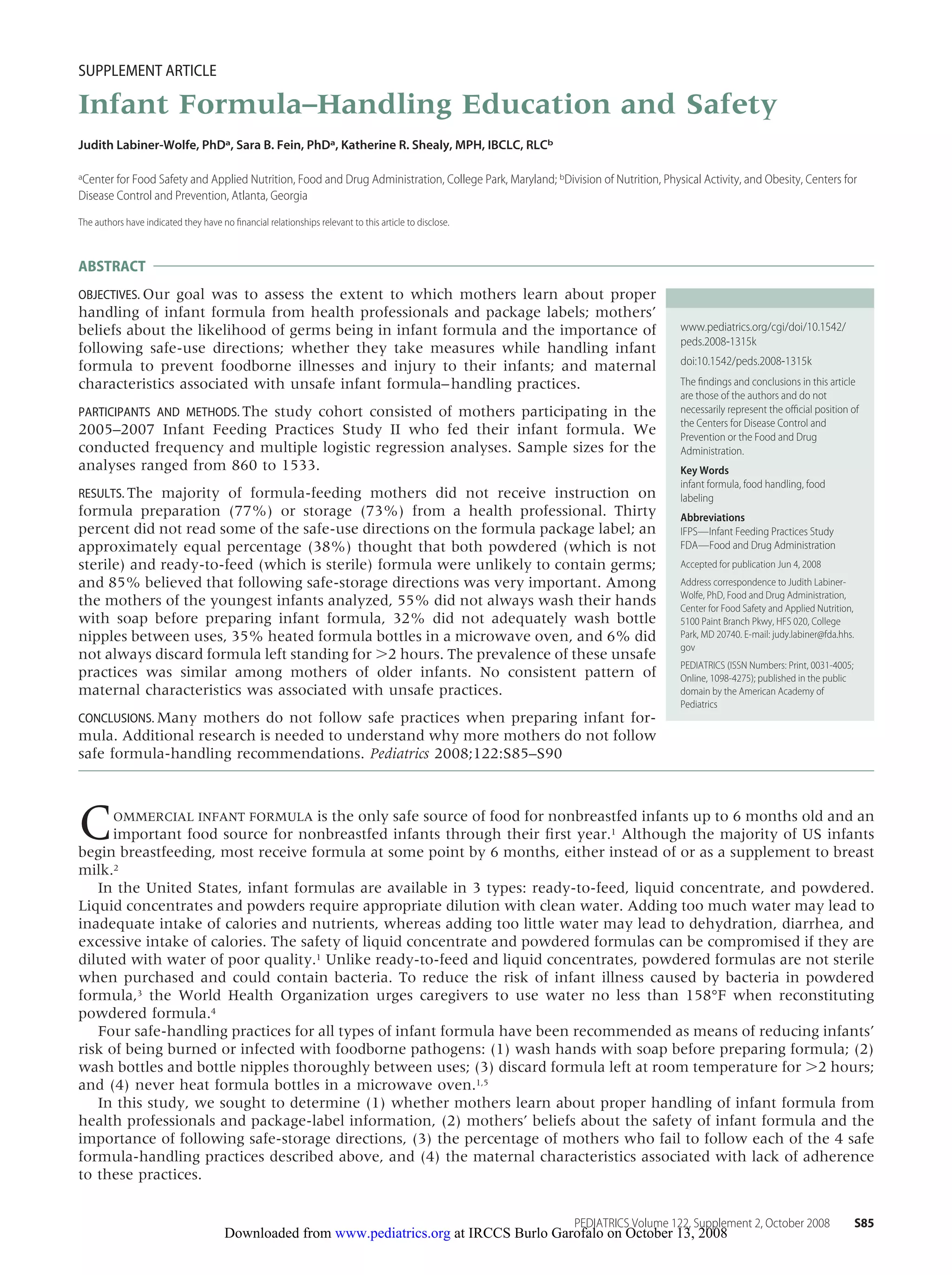 Infant Formula Handling Education And Safety | PDF