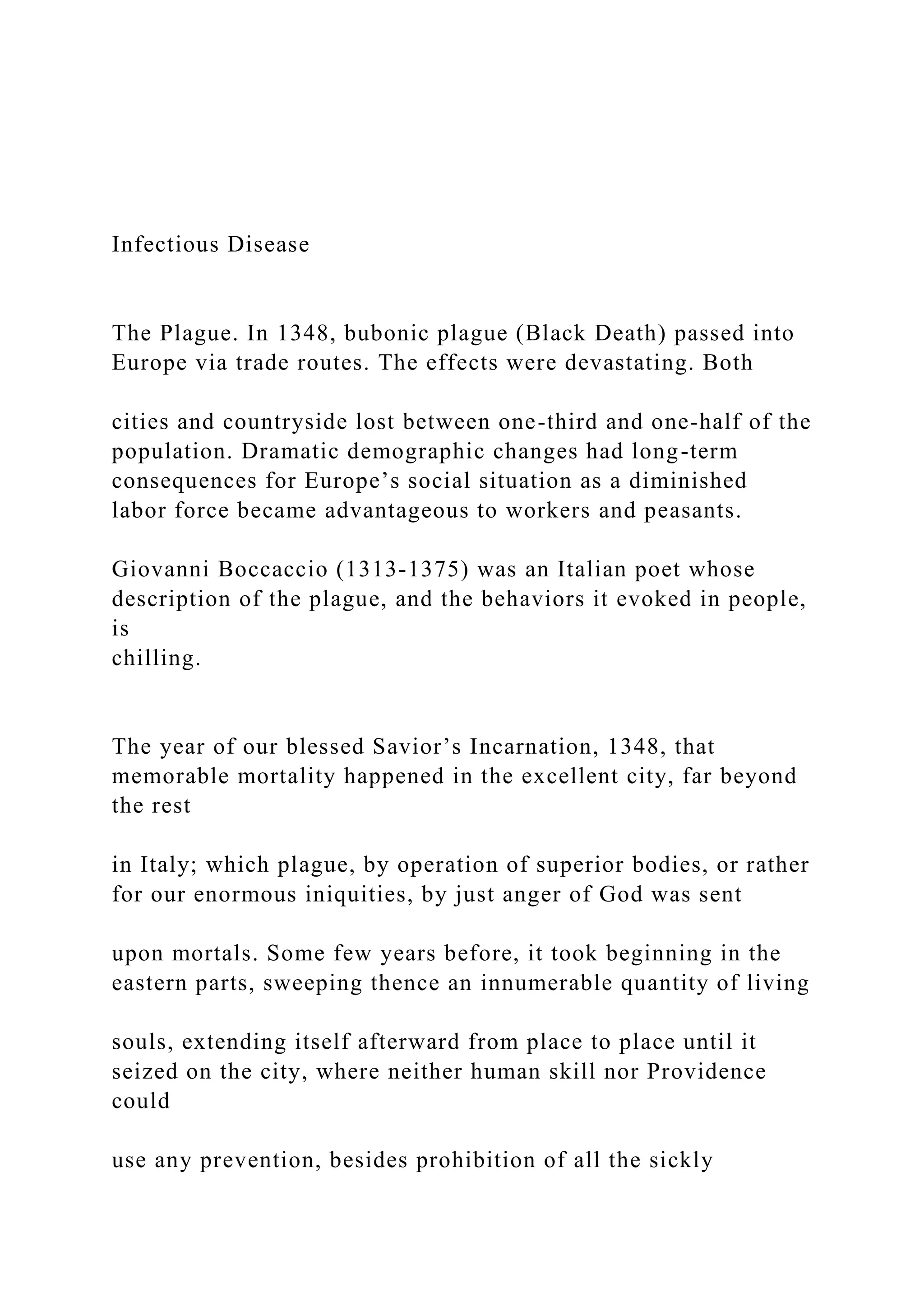 Infectious Disease The Plague. In 1348, bubonic plague (.docx