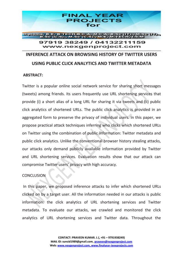 INFERENCE ATTACK ON BROWSING HISTORY OF TWITTER USERS USING PUBLIC CLICK ANALYTICS AND TWITTER ...