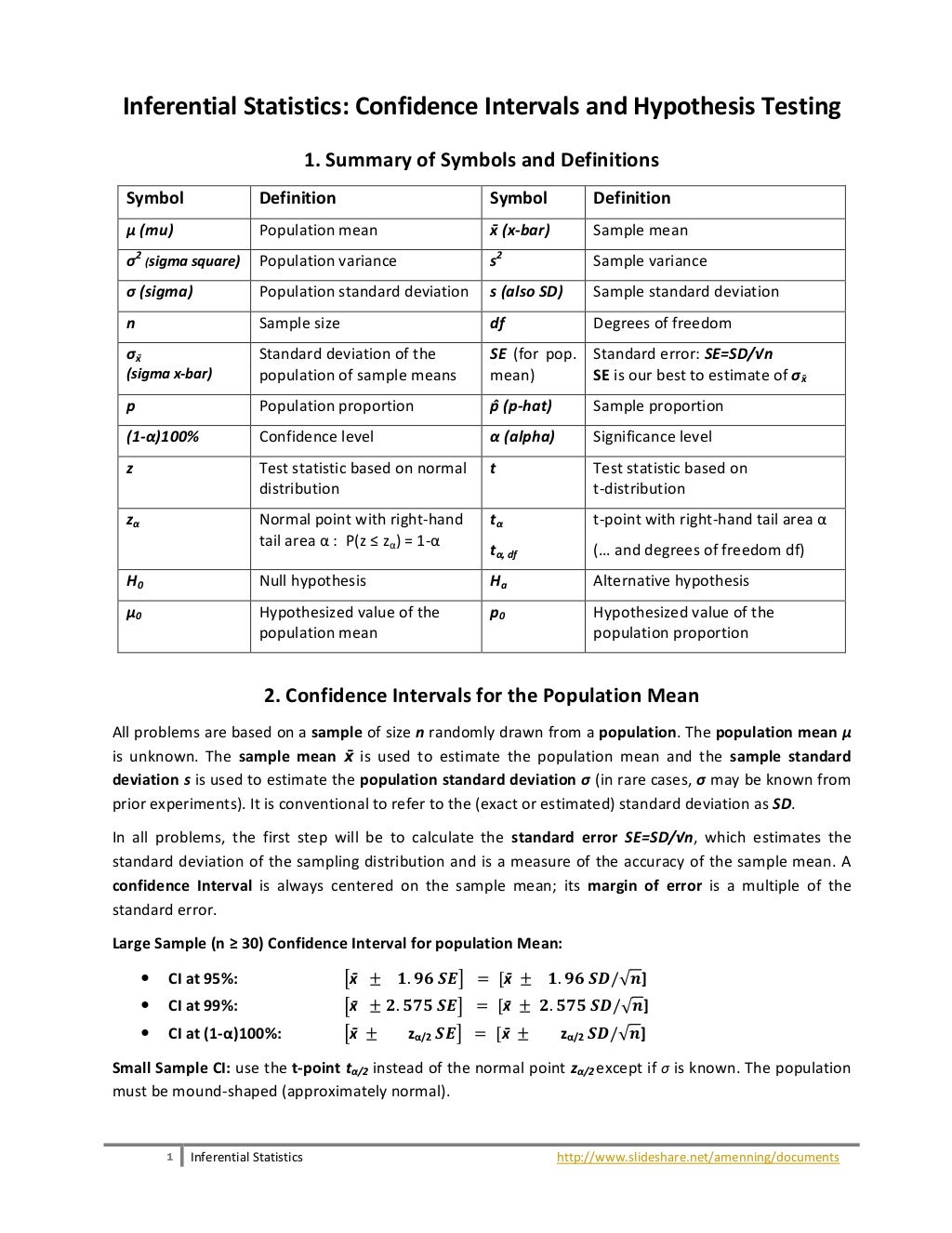 Summary of Inferential Statistics - Handout