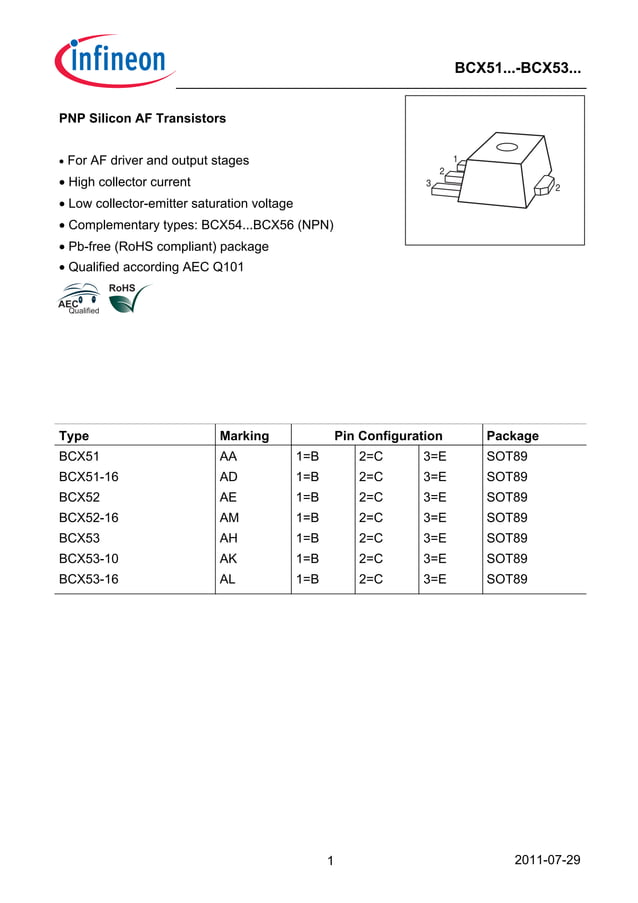 Original PNP Transistor BCX53-16 80V 1A AL SMD Code SOT-89 New | PDF